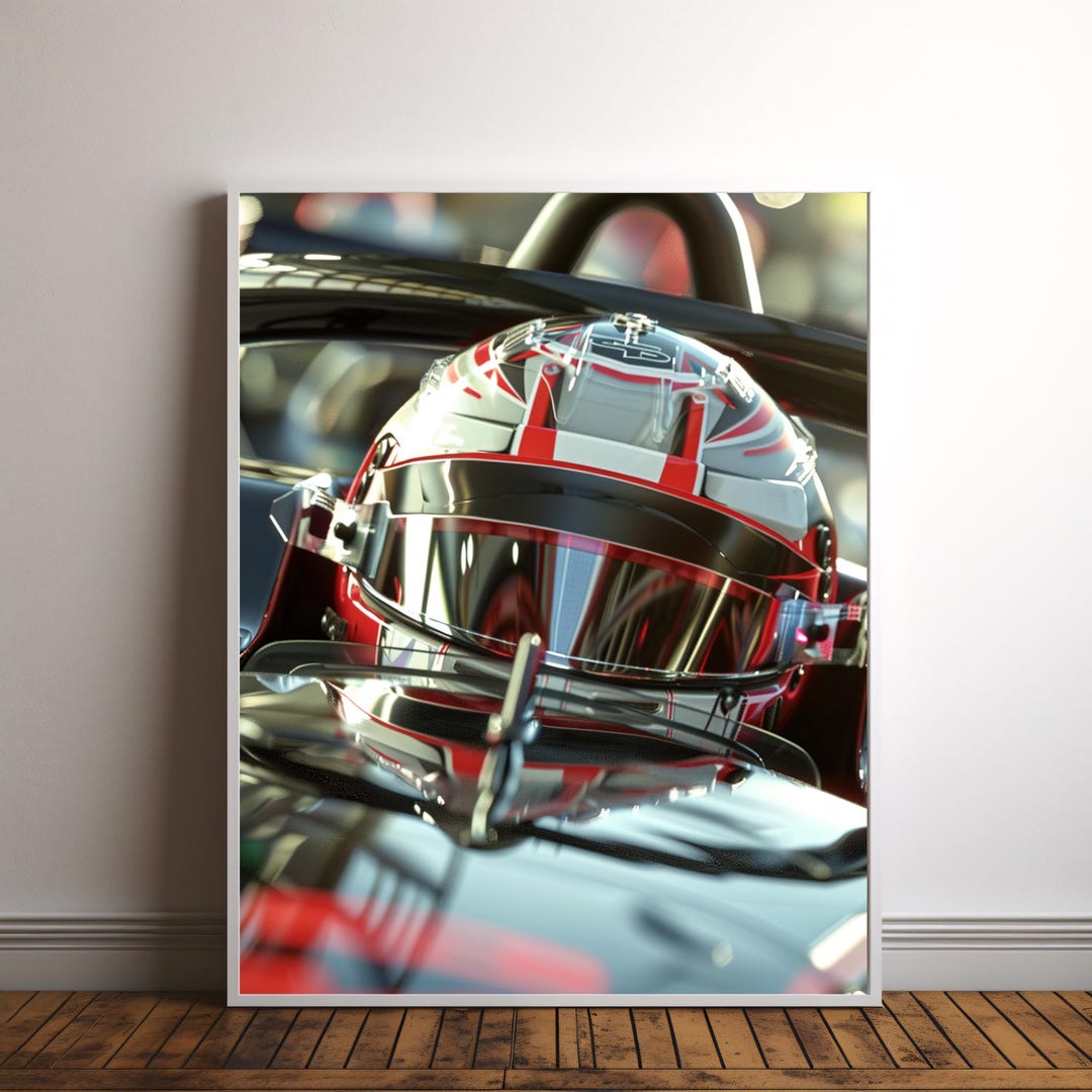 Vintage Racing Helmet Art Print Red & White Reflective Visor Race Car ...