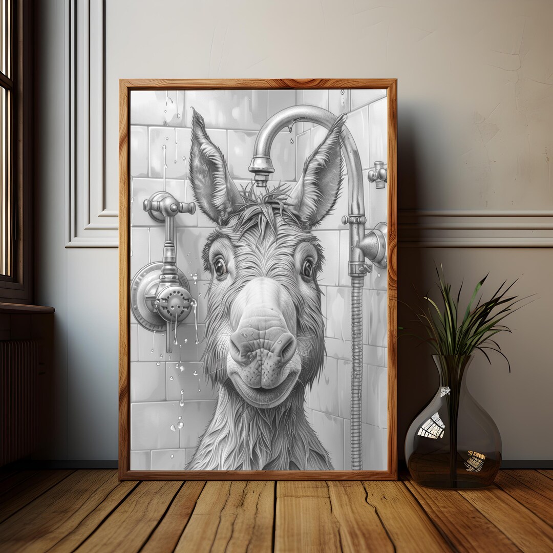 Whimsical Donkey Shower Art Print Black & White Tile Background Instant ...