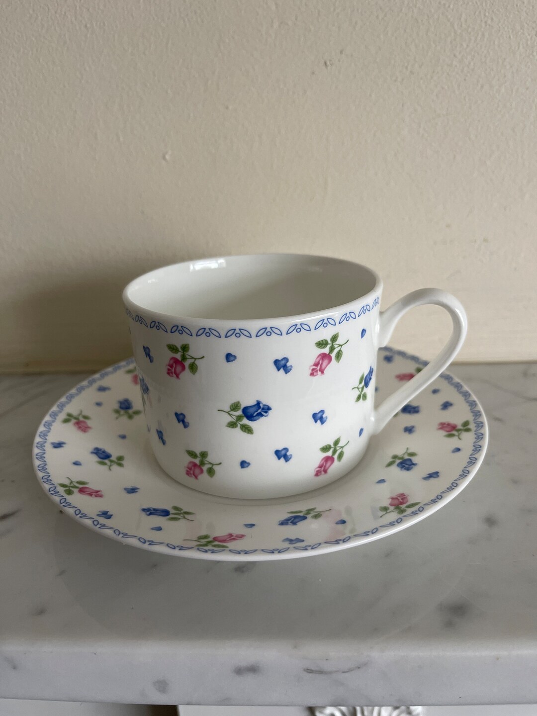 Rosebury Bone China Cup and Saucer: Pink & Blue Roses - Etsy