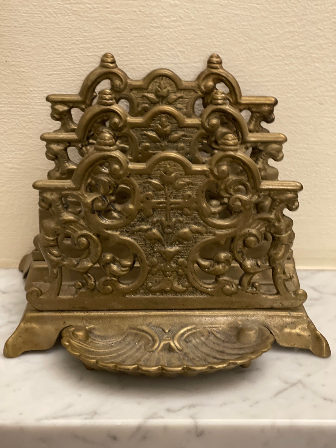 Vintage Brass Letter Rack With Shell Shaped Dish Attached. Brass Desk ...