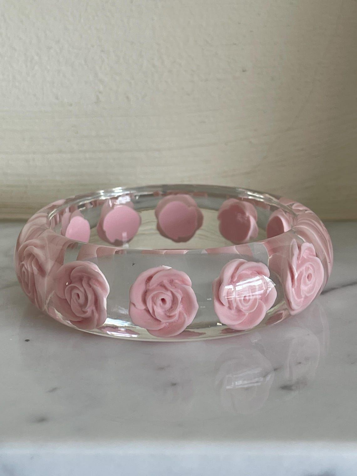 Pastel Pink Rose Lucite Bangle: Chunky Clear Bracelet With 3D Roses - Etsy