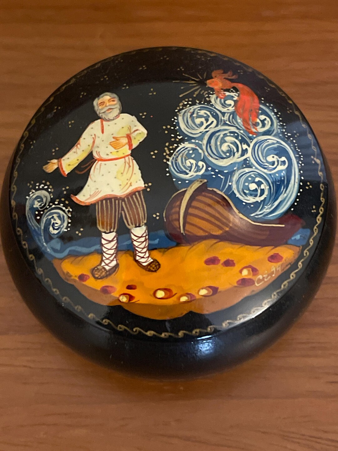 Russian Hand Painted Small Trinket Box, Folk Art Man With Ship - Etsy
