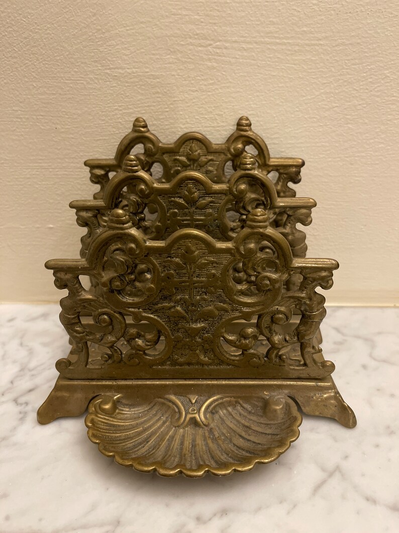 Vintage Brass Letter Rack With Shell Shaped Dish Attached. Brass Desk ...