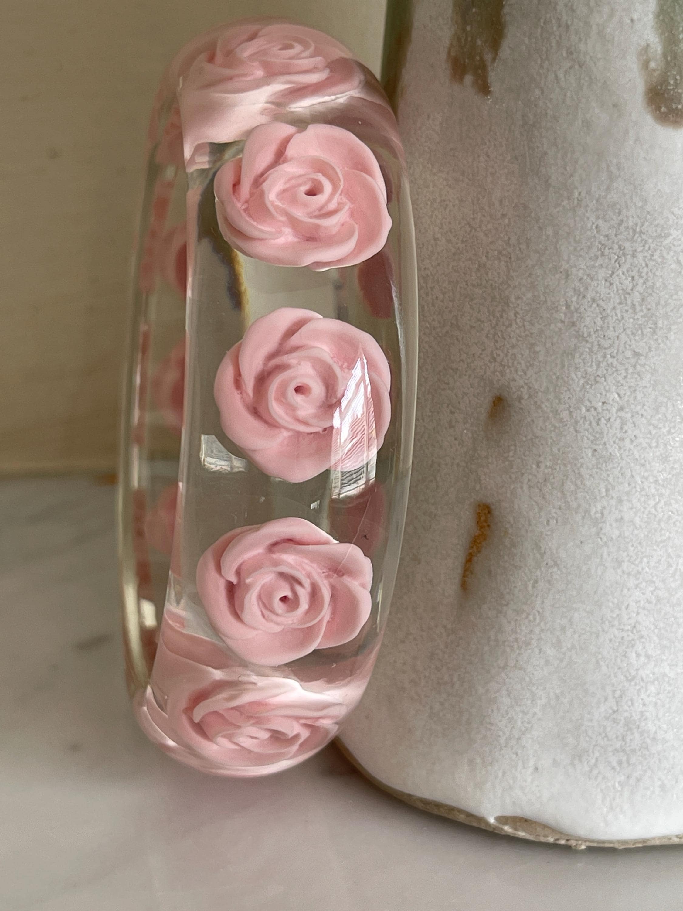 Pastel Pink Rose Lucite Bangle: Chunky Clear Bracelet With 3D Roses - Etsy