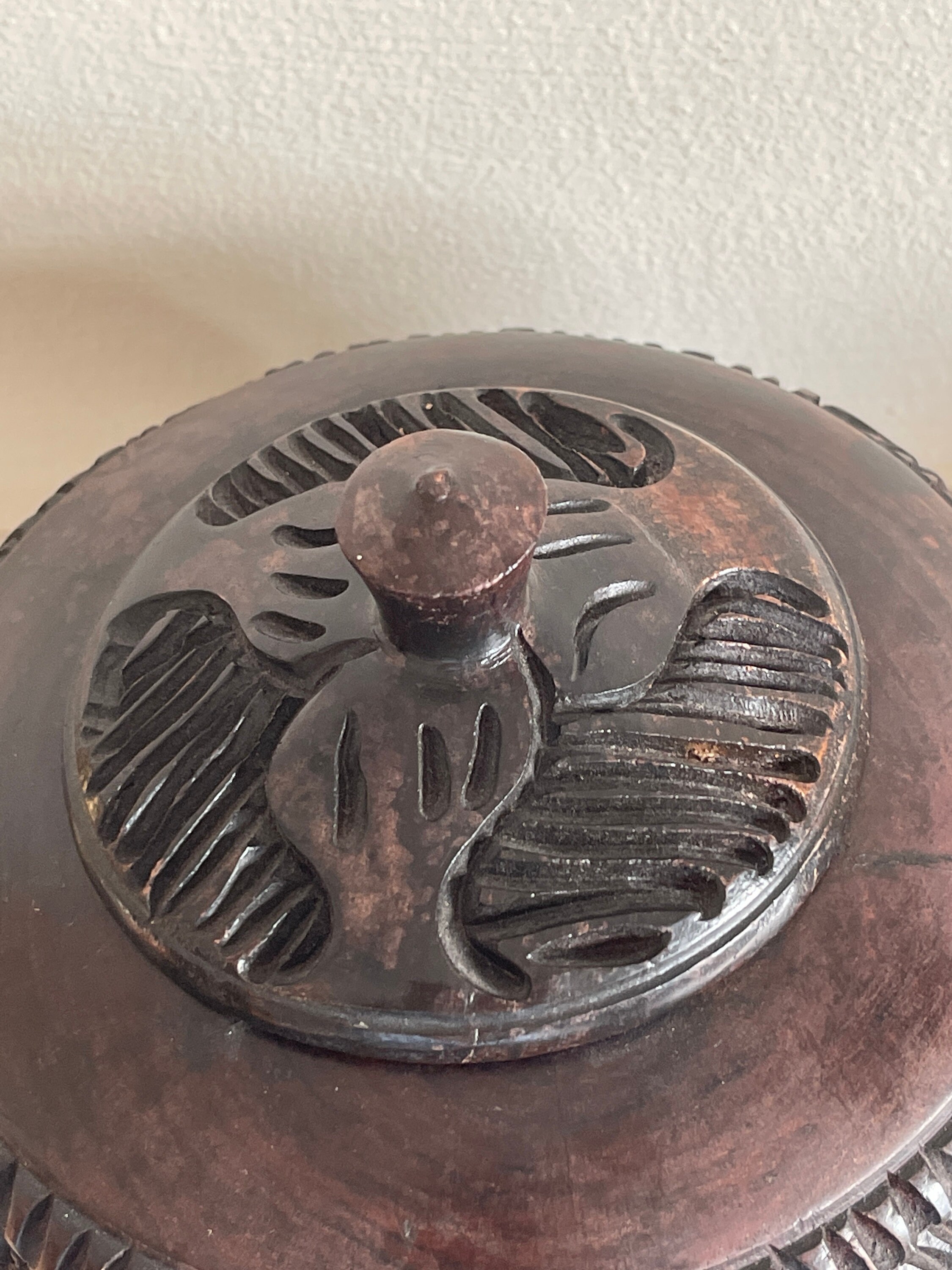 African Hand Carved Wood Box , Round Animal Theme Lidded Trinket Box ...