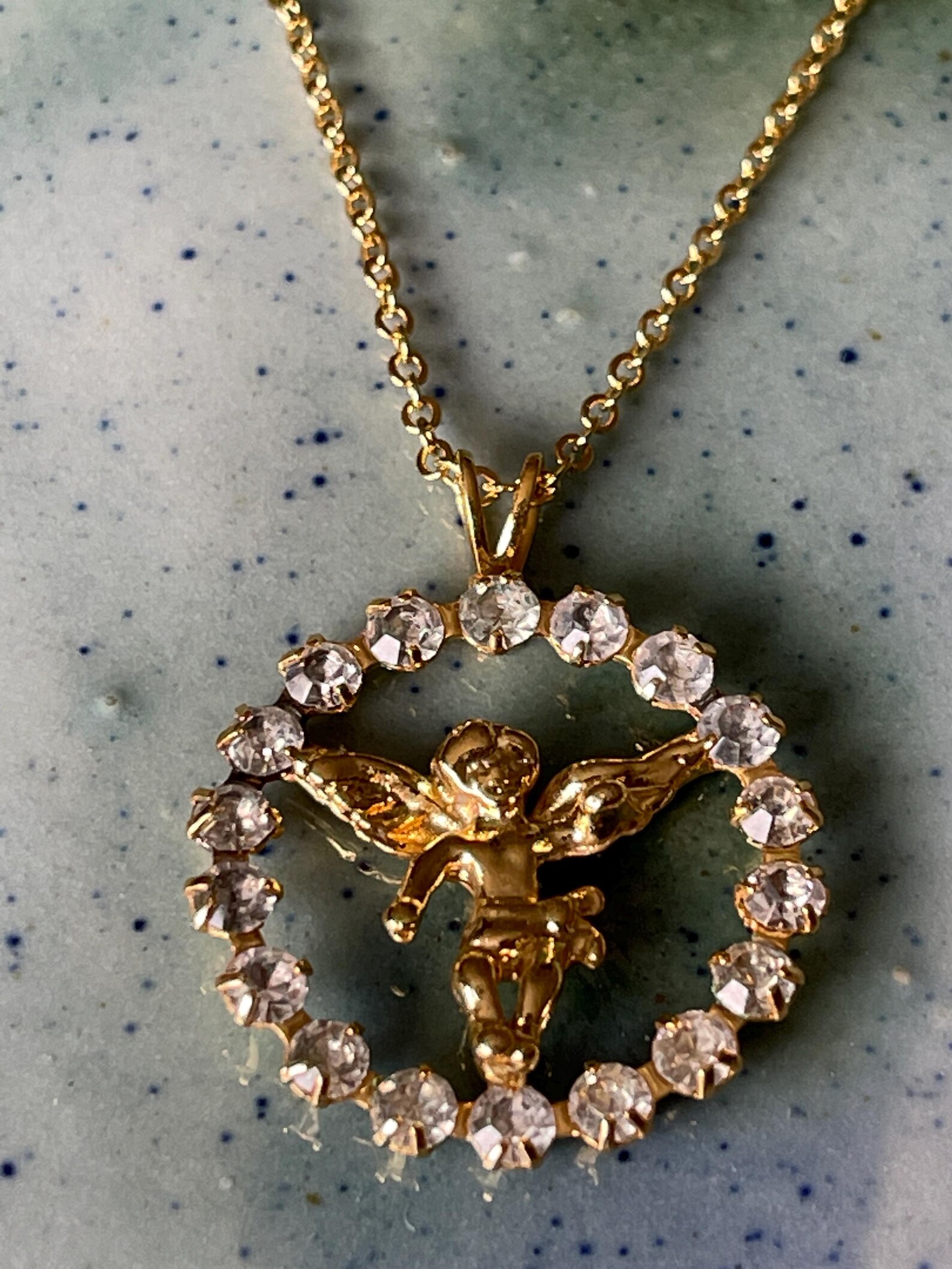 Gold Tone Circular Cherub Angel Pendant With Rhinestones - Etsy