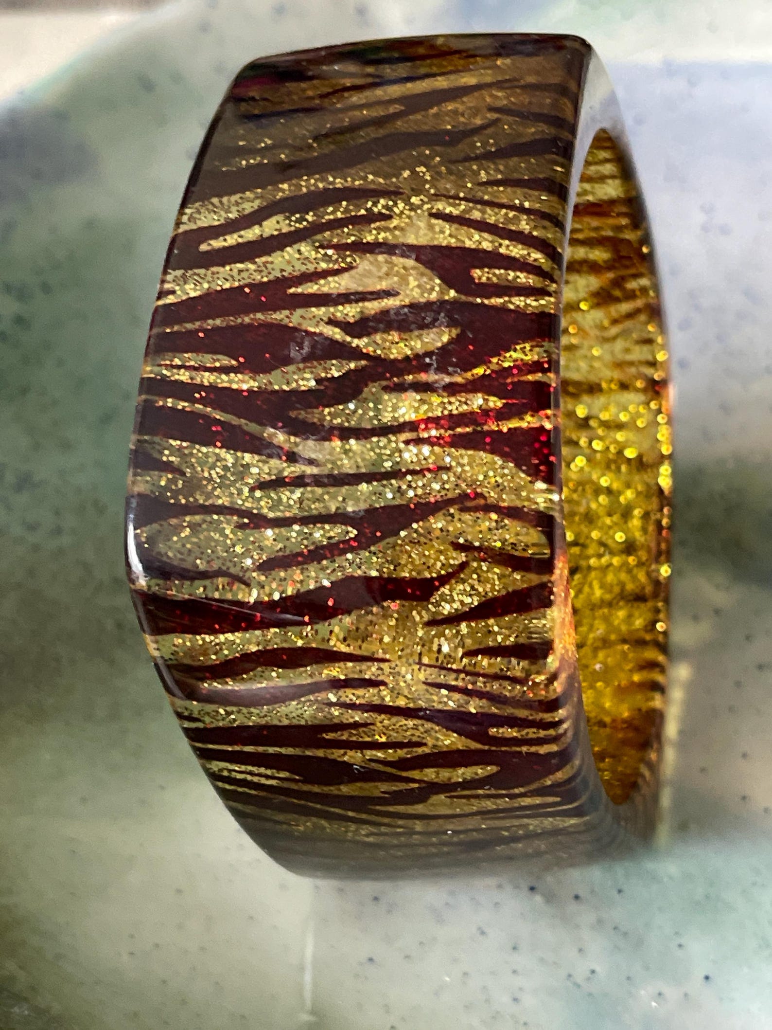 Vintage Glitter Tiger Print Bangle Chunky Square Bangle Gold and Brown ...