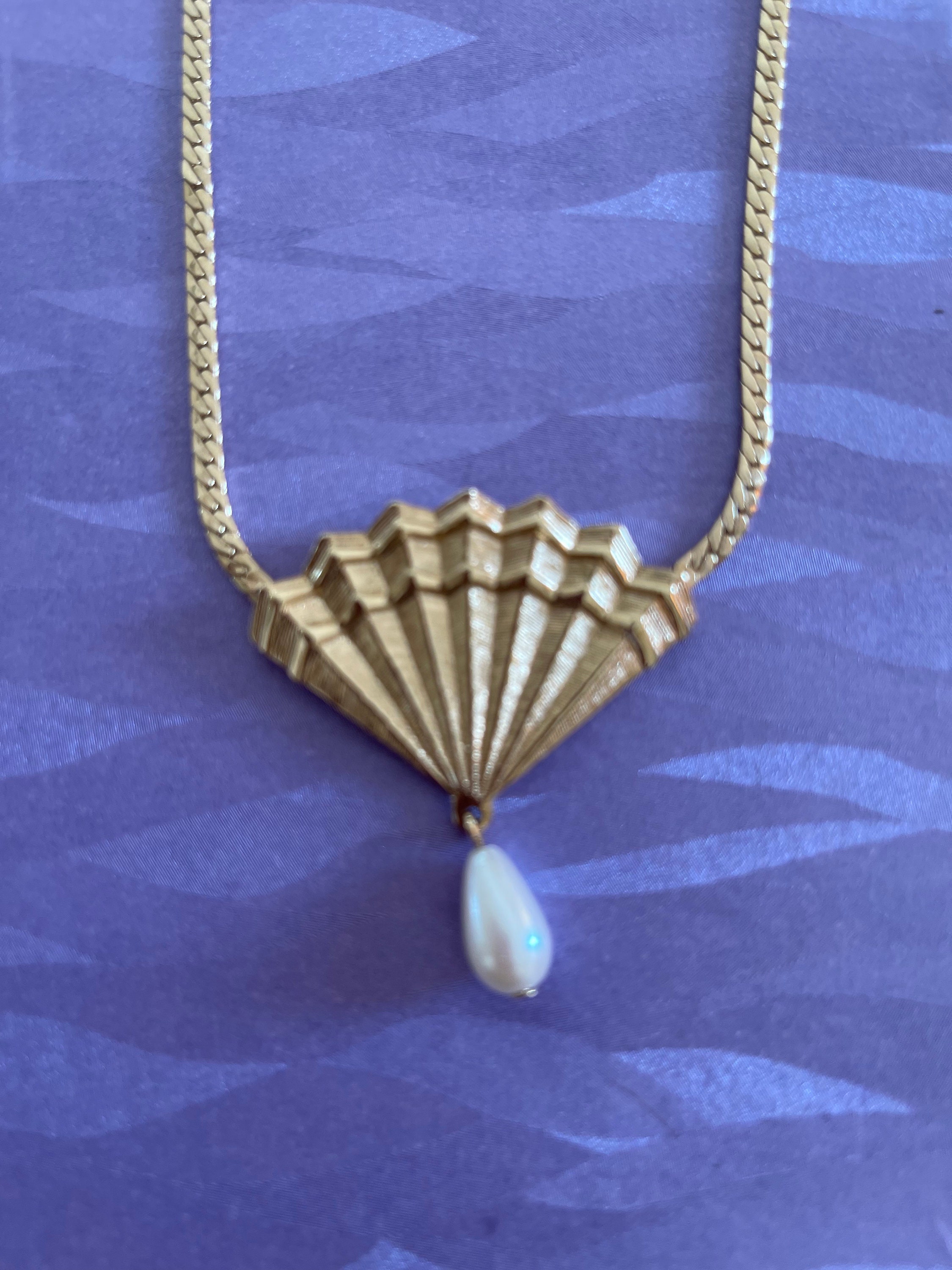 Vintage Avon Fan Necklace. Art Deco Style , Gold Tone and Pearl , - Etsy