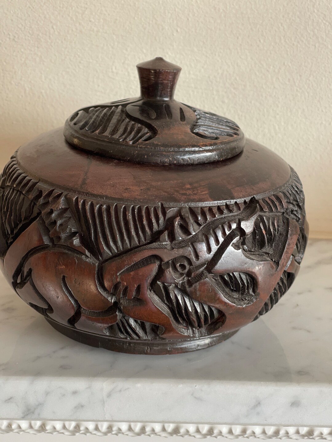 African Hand Carved Wood Box , Round Animal Theme Lidded Trinket Box ...