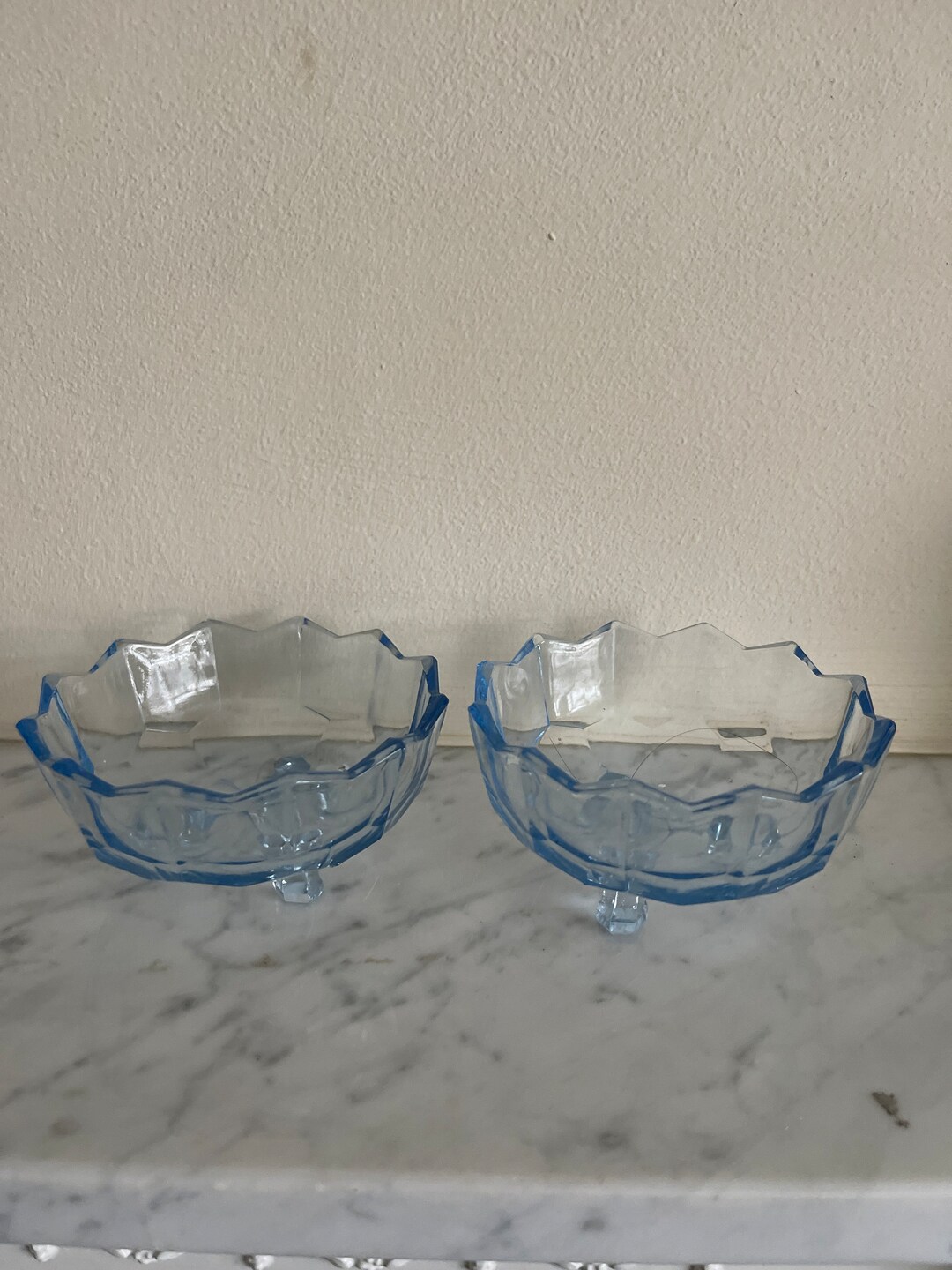 Art Deco Blue Glass Footed Bowls, Pair of 2 Blue Glass Bowls , Vintage ...