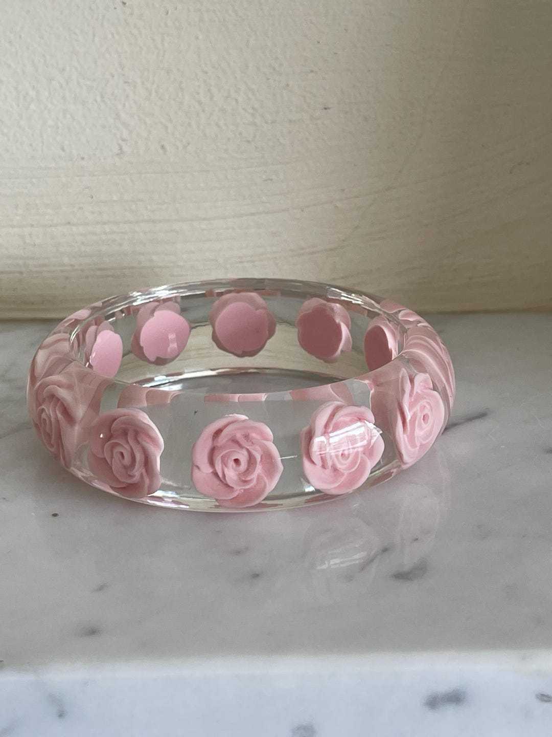 Pastel Pink Rose Lucite Bangle: Chunky Clear Bracelet With 3D Roses - Etsy