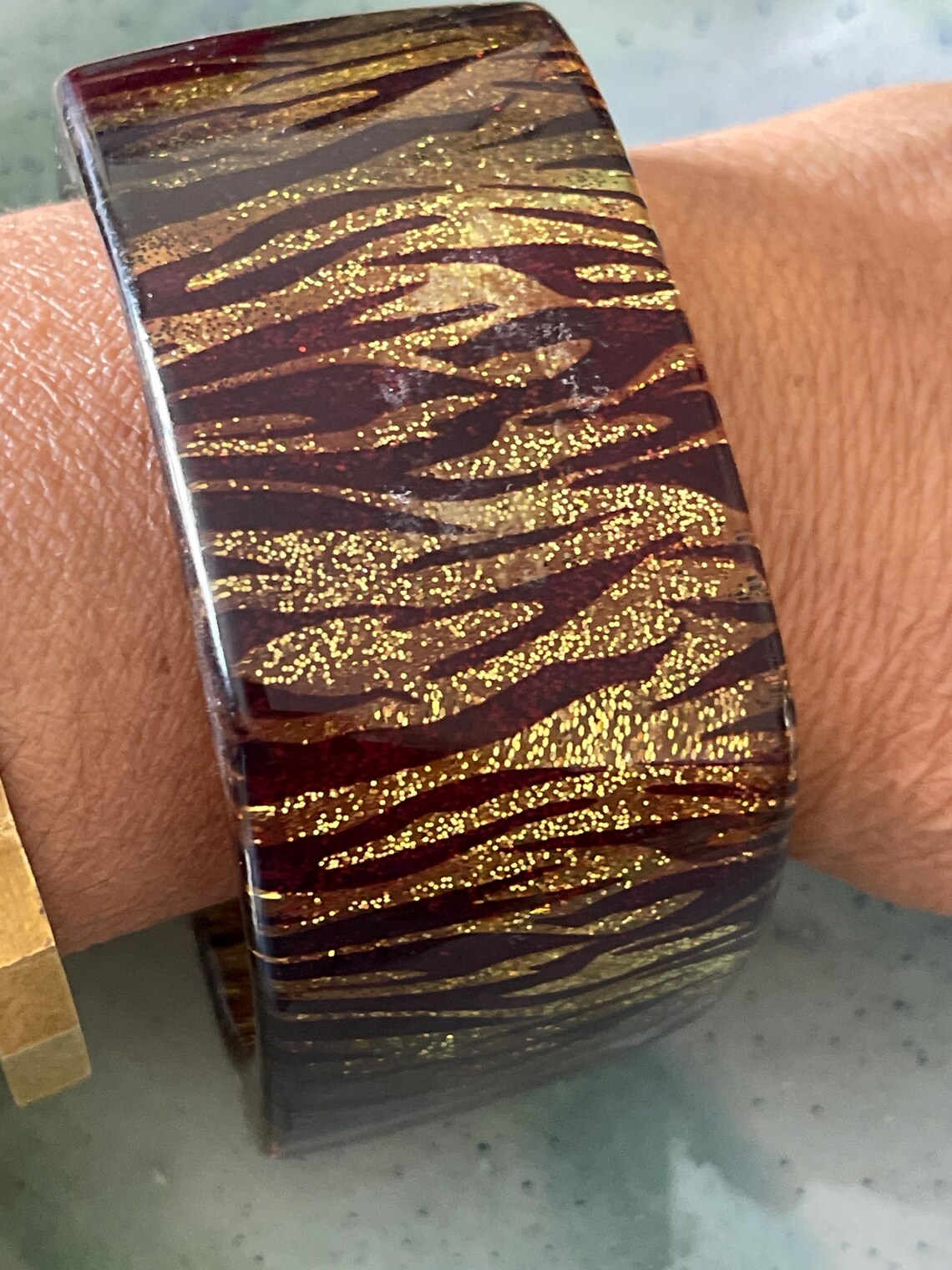 Vintage Glitter Tiger Print Bangle Chunky Square Bangle Gold and Brown ...