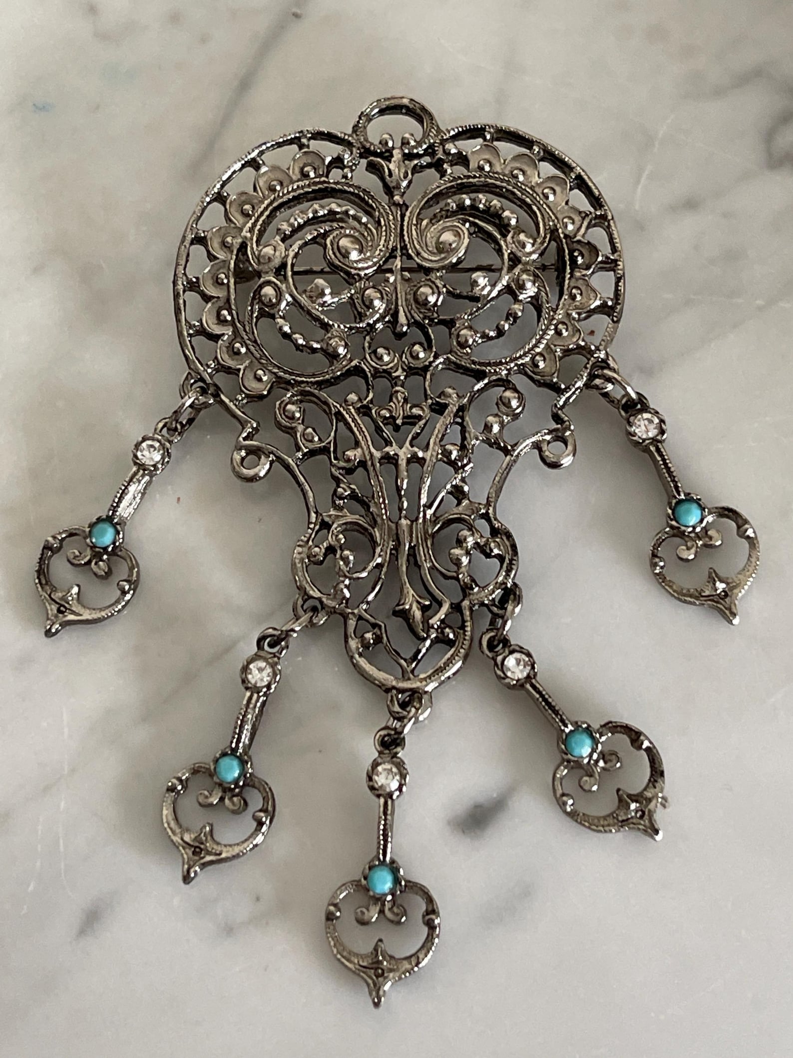 Vintage Sliver Tone and Blue Stone Brooch , Pendant , Frank Usher ...