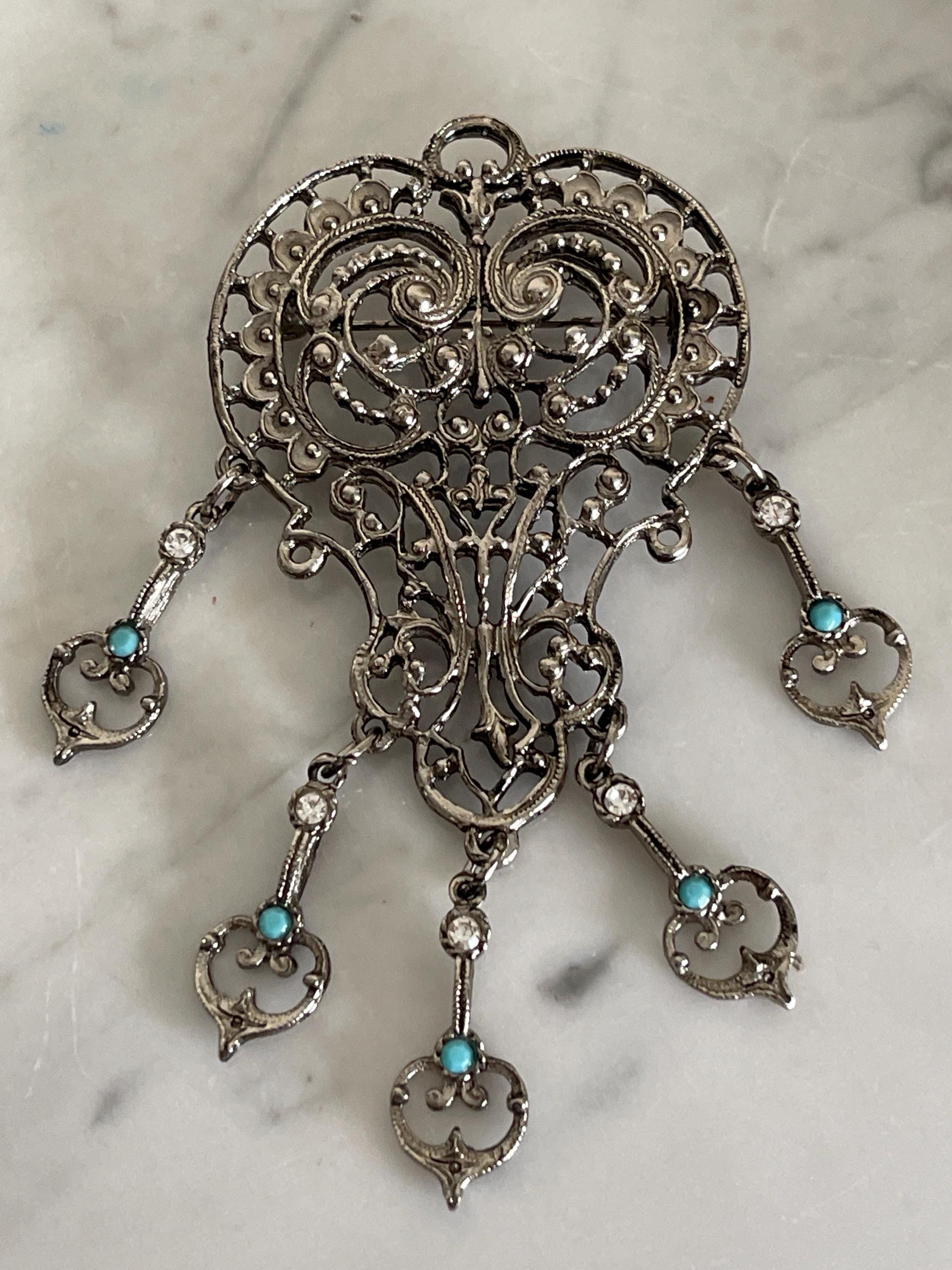 Vintage Sliver Tone and Blue Stone Brooch , Pendant , Frank Usher ...