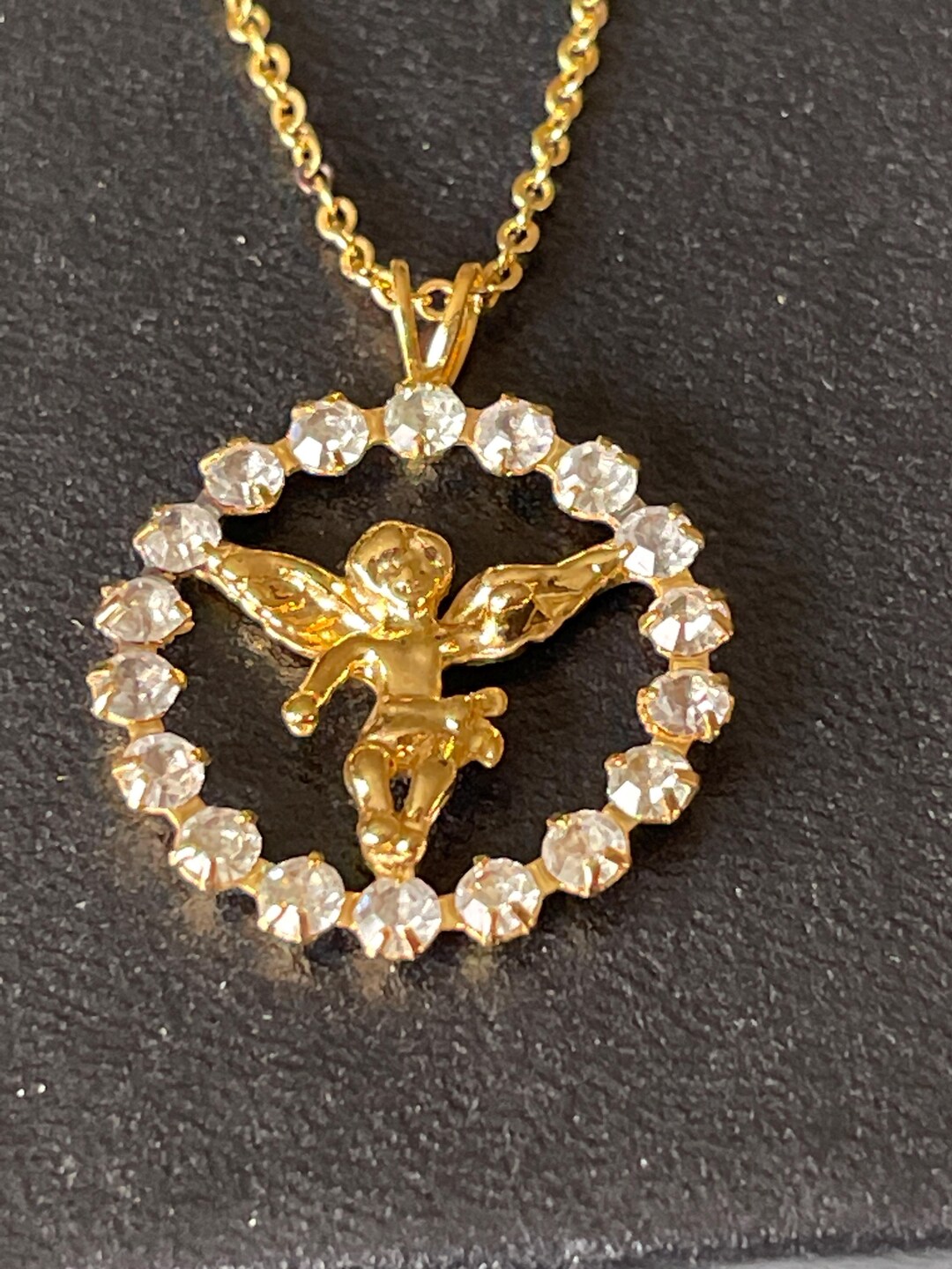 Gold Tone Circular Cherub Angel Pendant With Rhinestones - Etsy