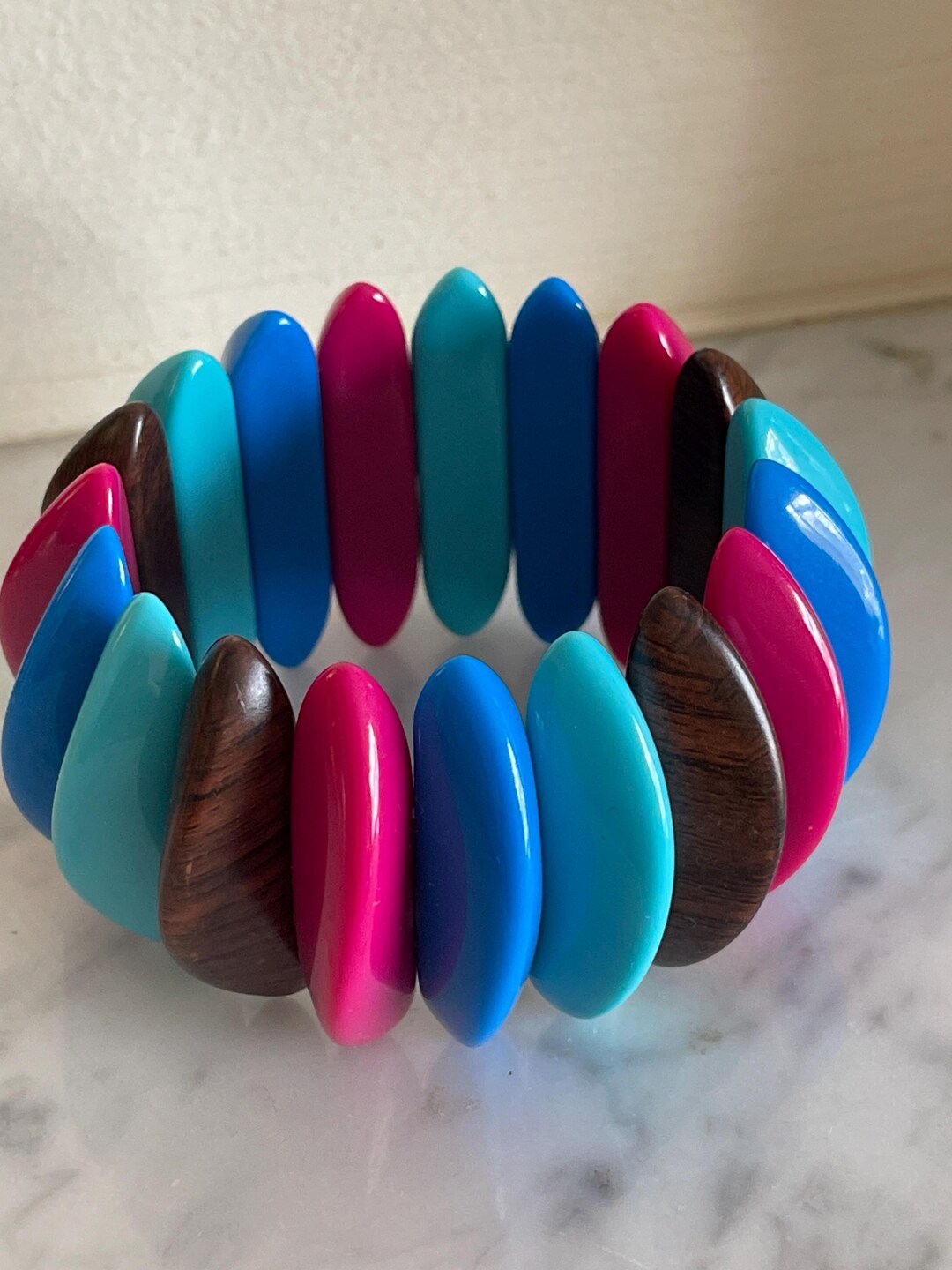 1980s Vintage Colourful Stretch Bracelet, Fuschia Pink Blue and Brown ...