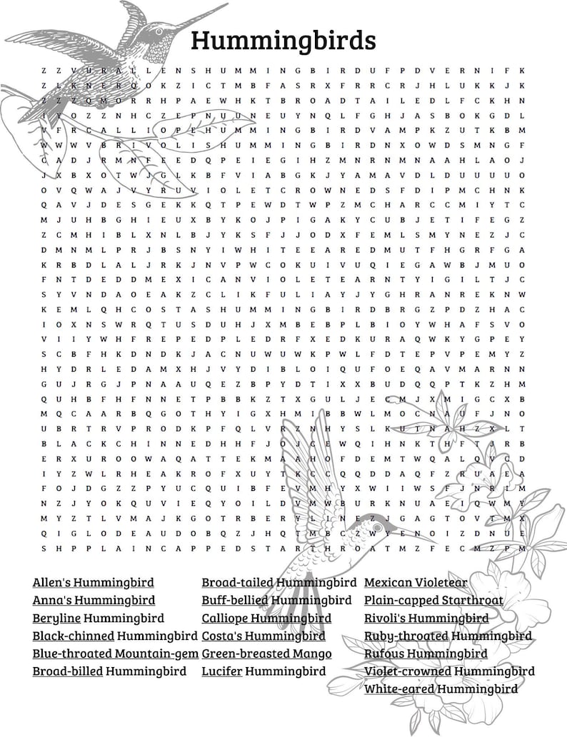 Hummingbirds Word Search Puzzle Game Great for Bird Lovers - Etsy Hong Kong