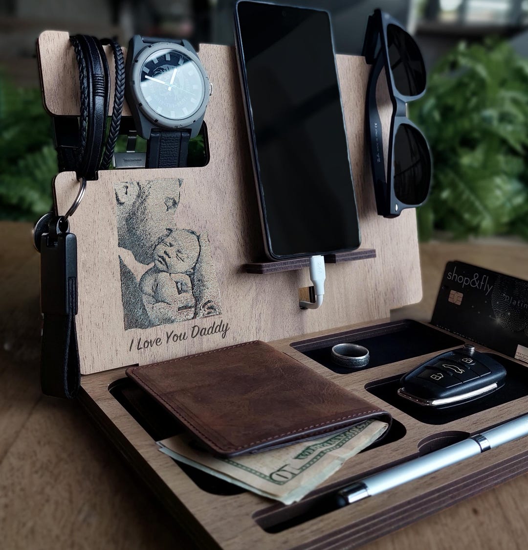 Engraved Photo Docking Station - Personalized Wooden Desk Organizer ...
