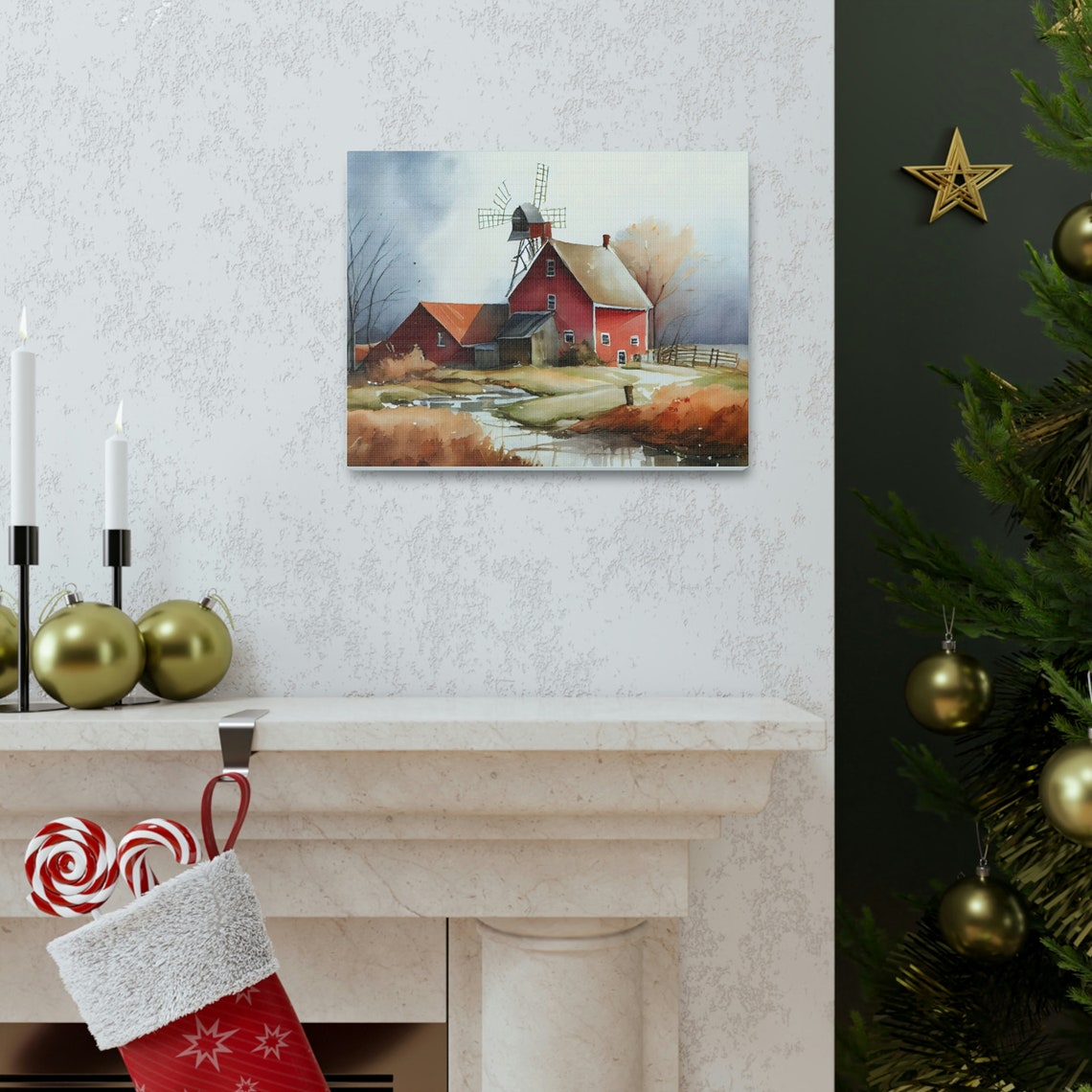 Farmhouse Red Barn Windmill Canvas Wall Art, Red Barn Windmill Canvas ...
