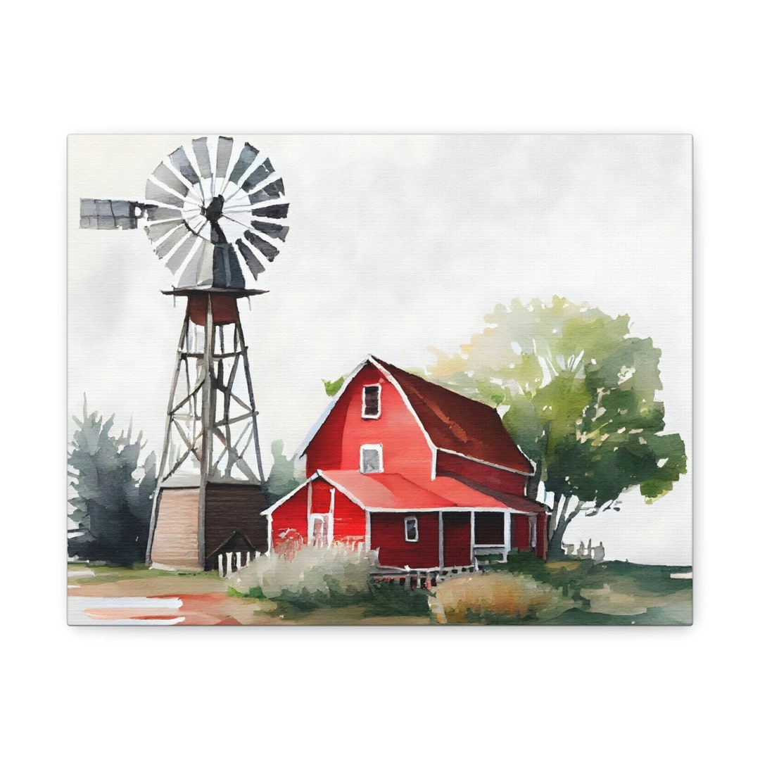 Red Barn Windmill Wall Art, Farmhouse Red Barn Windmill Canvas Wall Art ...