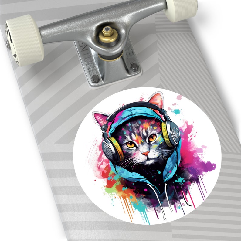 Headphones Sticker, Cat Music Sticker, Colorful Kitty Listening to ...
