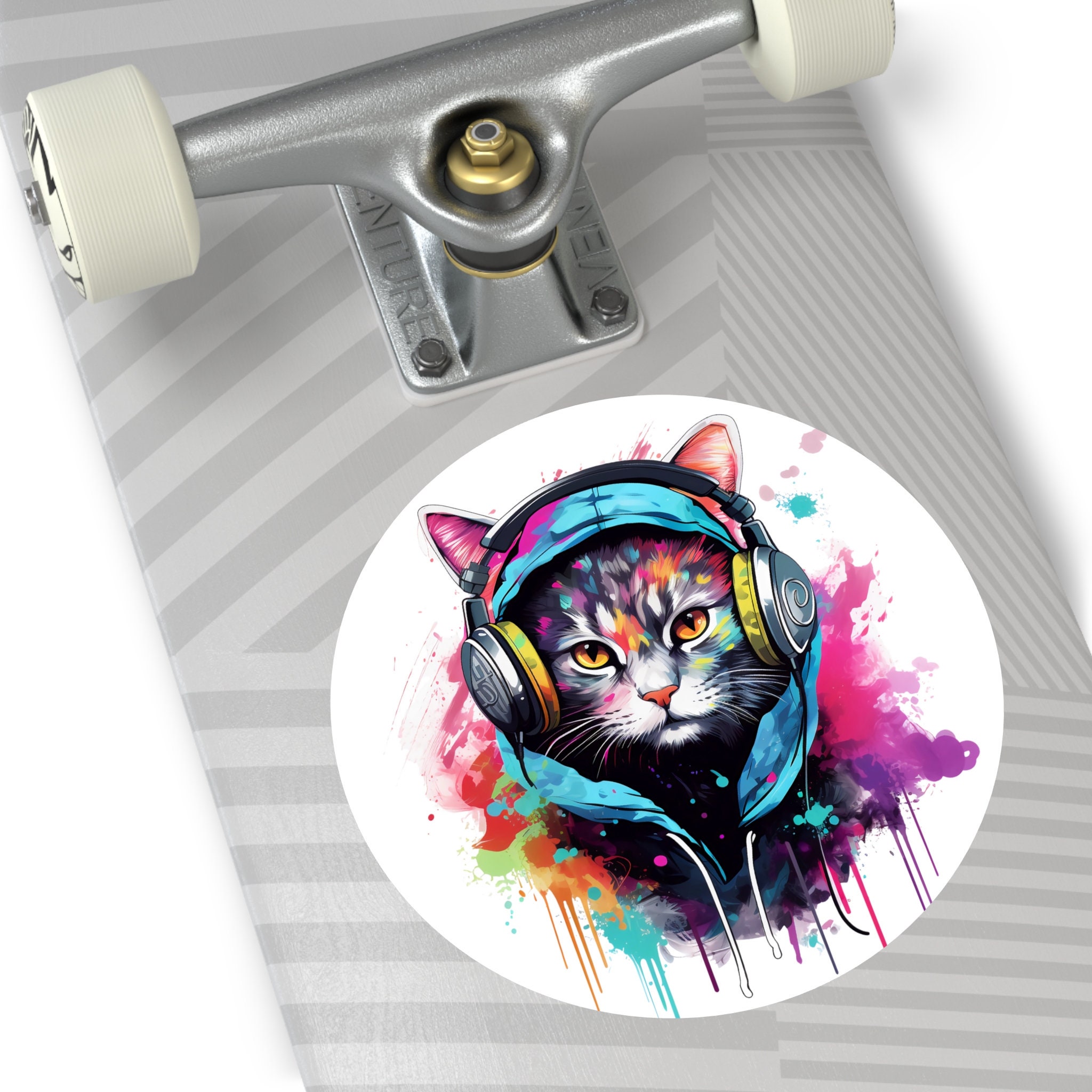Headphones Sticker, Cat Music Sticker, Colorful Kitty Listening to ...