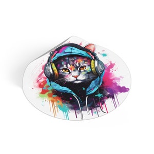 Headphones Sticker, Cat Music Sticker, Colorful Kitty Listening to ...