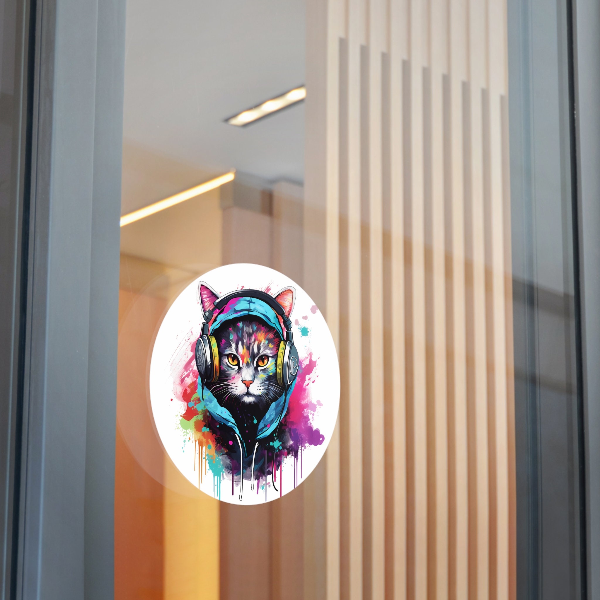 Headphones Sticker, Cat Music Sticker, Colorful Kitty Listening to ...