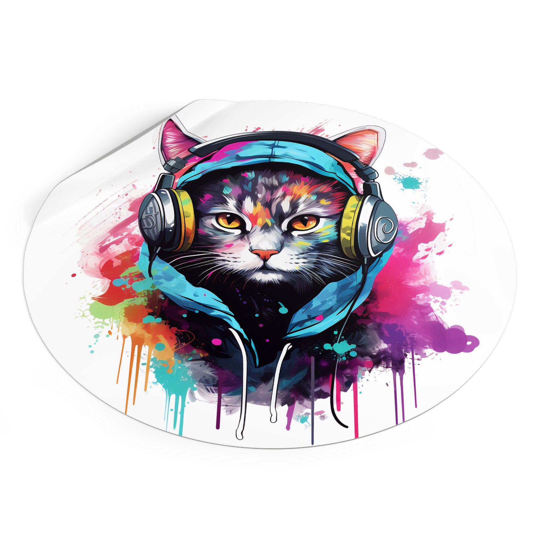 Headphones Sticker, Cat Music Sticker, Colorful Kitty Listening to ...