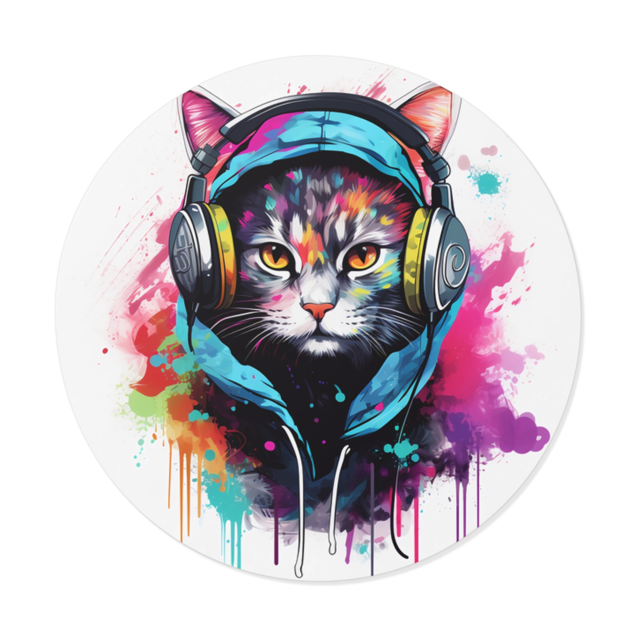 Headphones Sticker, Cat Music Sticker, Colorful Kitty Listening to ...