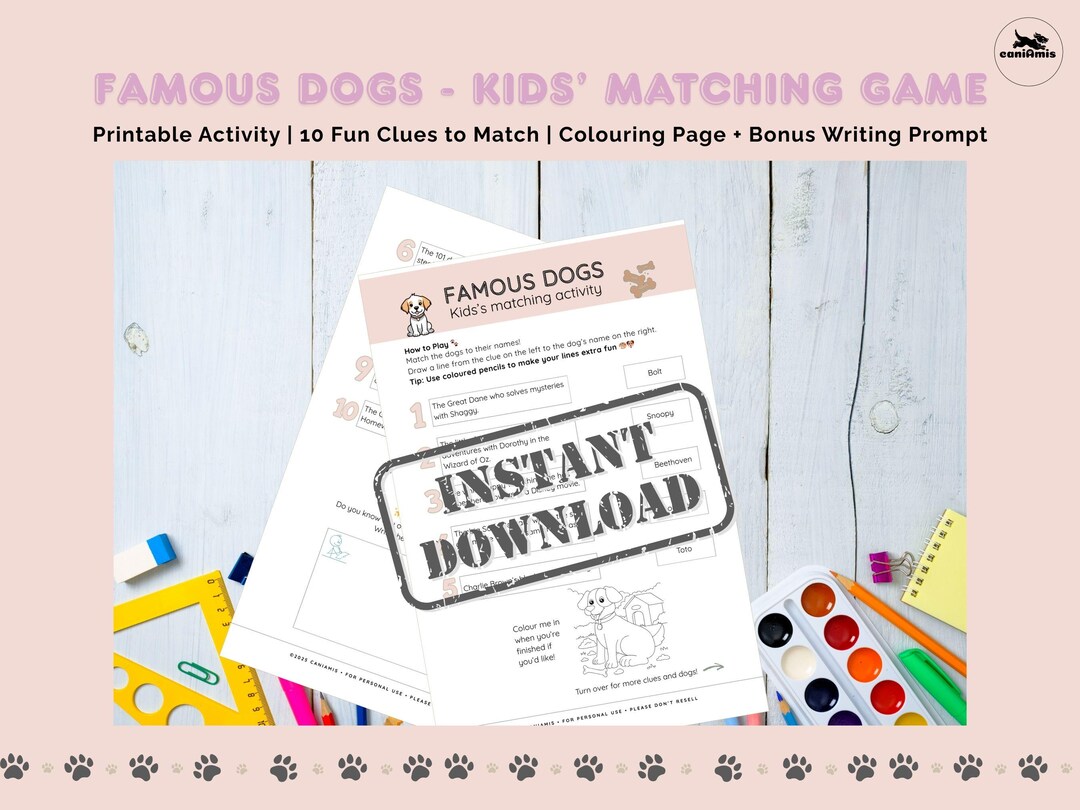 Famous Dogs Matching Game: Kids Printable Activity With Colouring Page ...