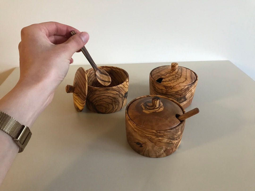 Wooden Salt Box With Lid and Spoon, Salt Jar, Salt Bowl, Spice Jars ...