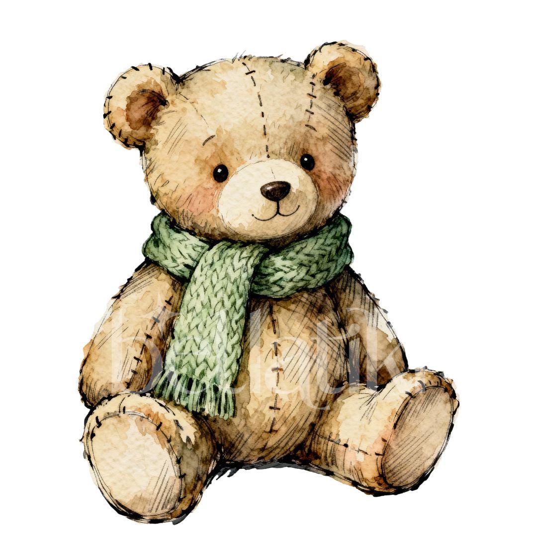 Vintage Teddy Bears Clip Art Set, Watercolour Patchwork Teddies, Cute ...
