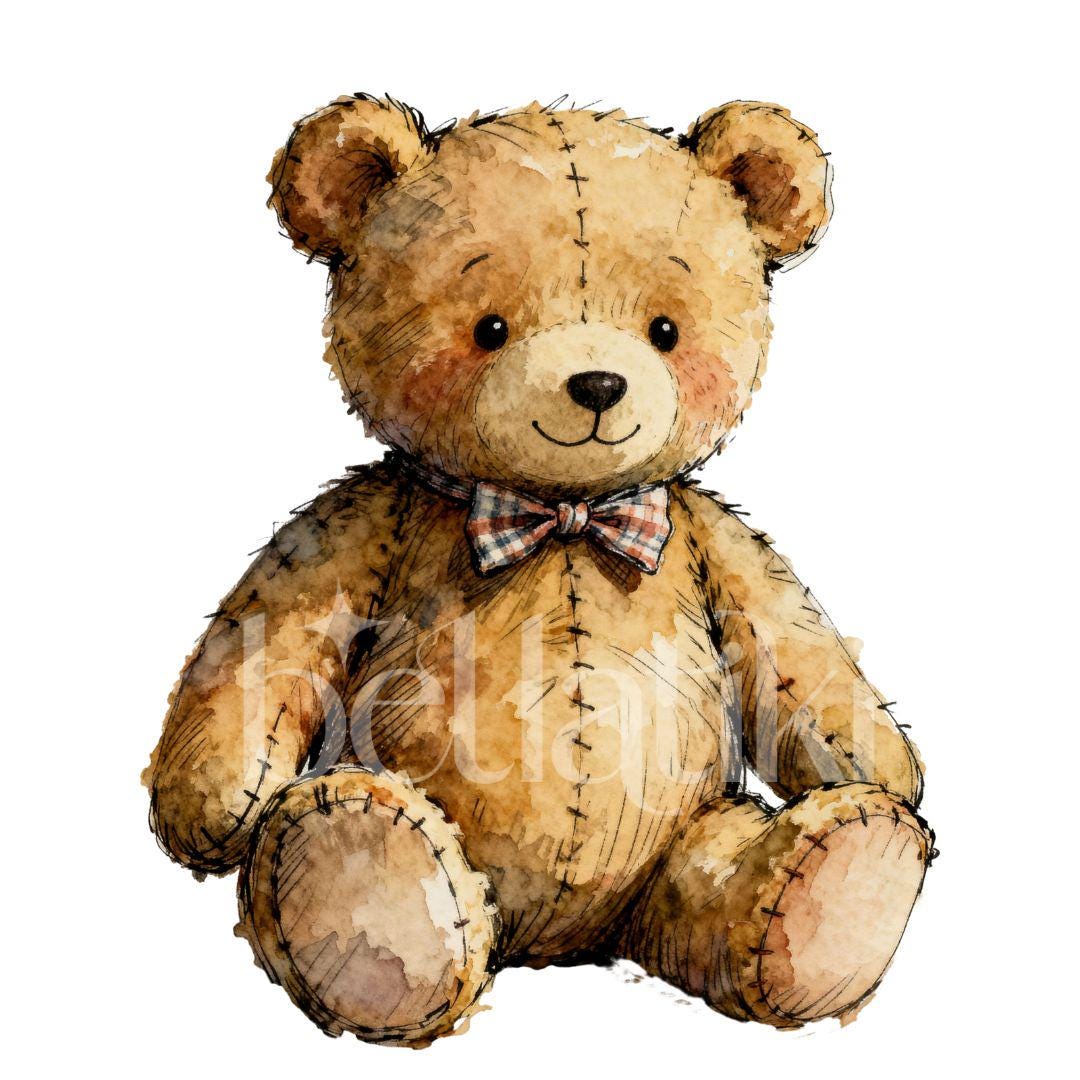 Vintage Teddy Bears Clip Art Set, Watercolour Patchwork Teddies, Cute ...