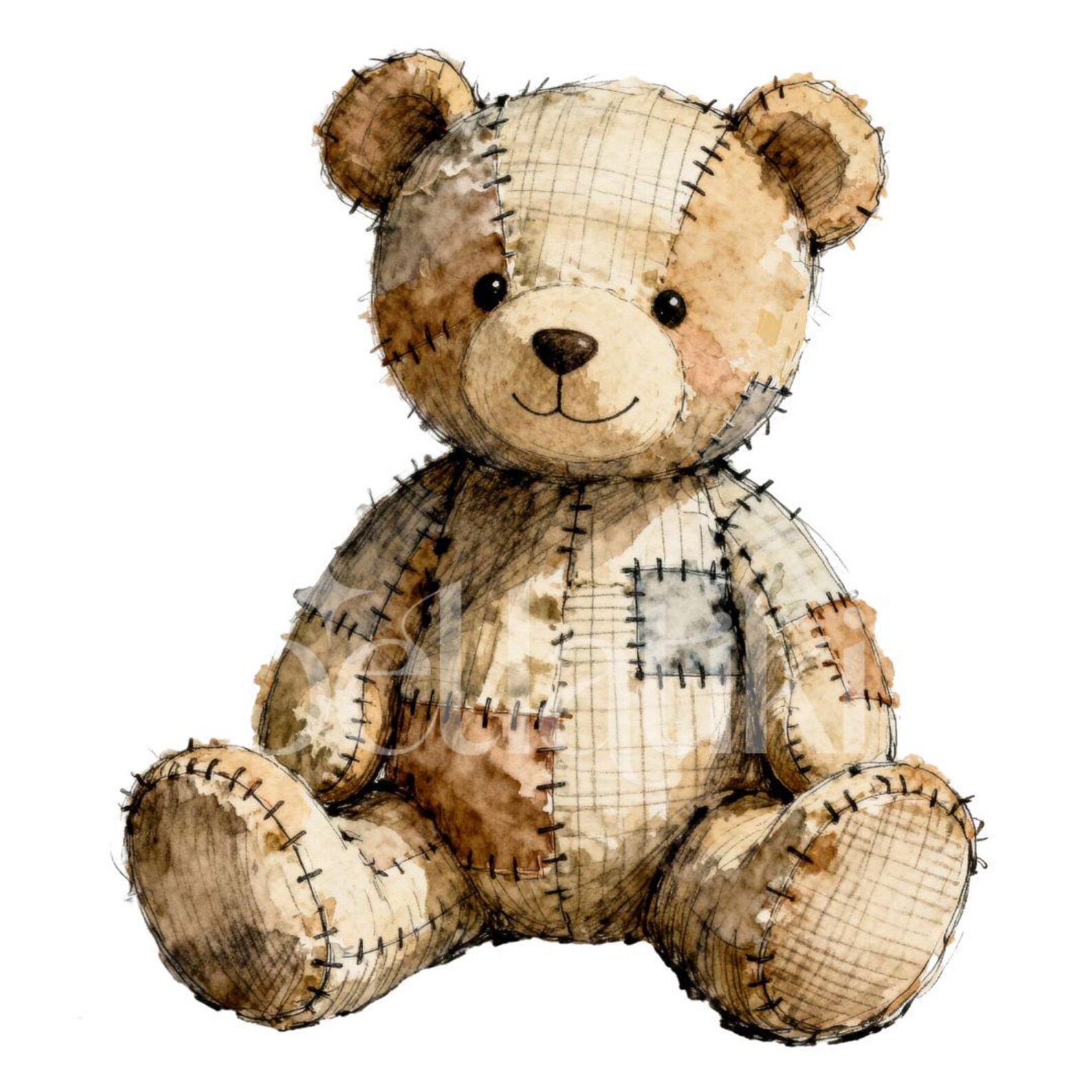 Vintage Teddy Bears Clip Art Set, Watercolour Patchwork Teddies, Cute ...