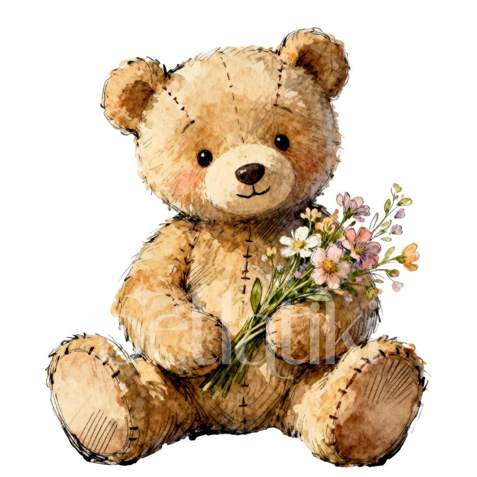 Vintage Teddy Bears Clip Art Set, Watercolour Patchwork Teddies, Cute ...