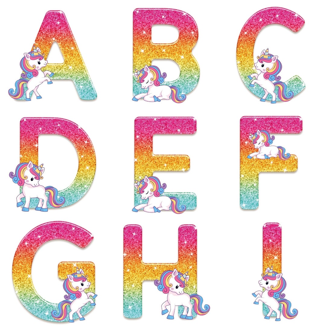 Unicorn Glitter Alphabet PNG Bundle: Rainbow Ombre, Blue Sparkle ...