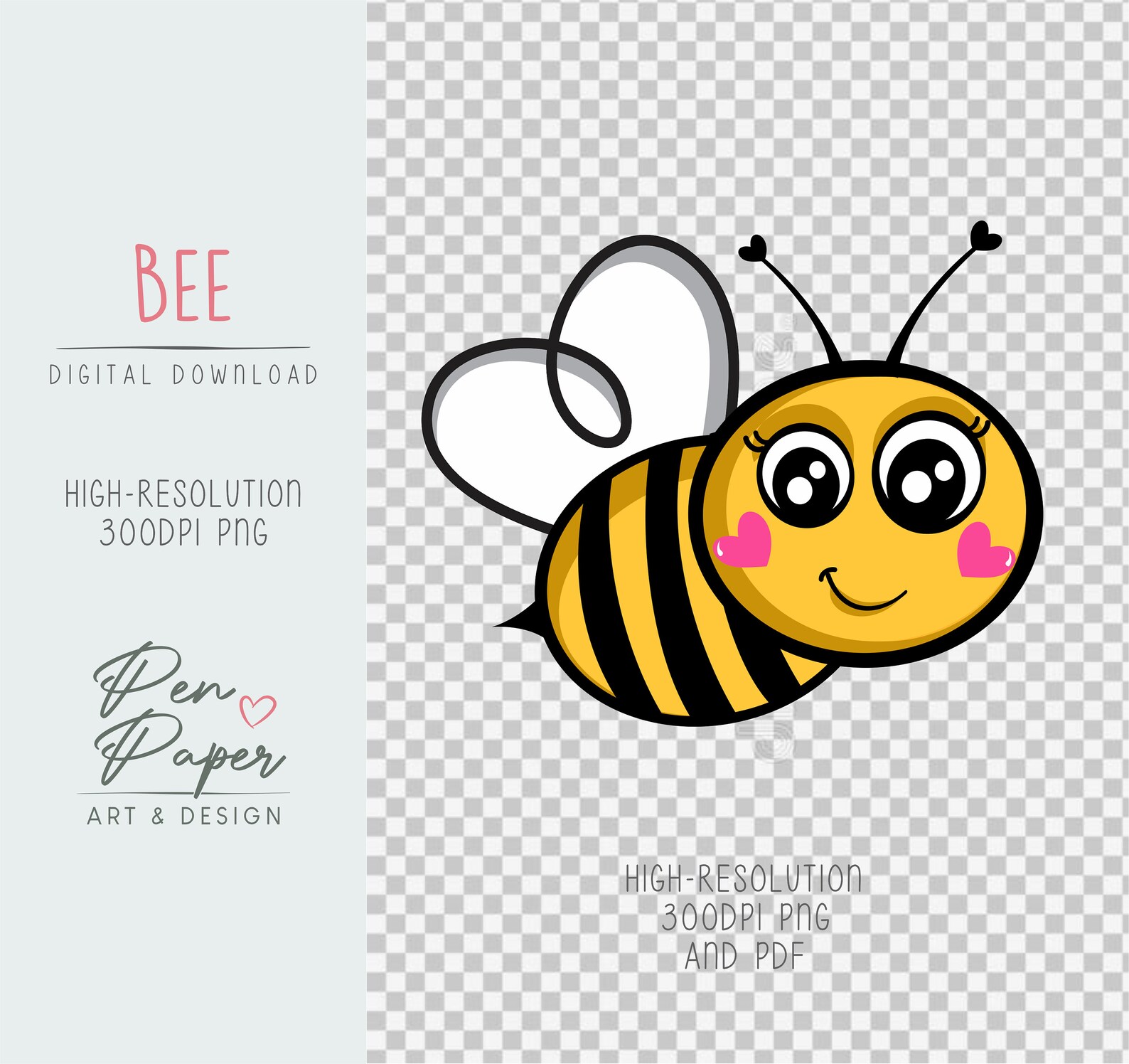 Instant Download Bee Vector Drawing PNG / Printable Bee PNG / Yellow ...