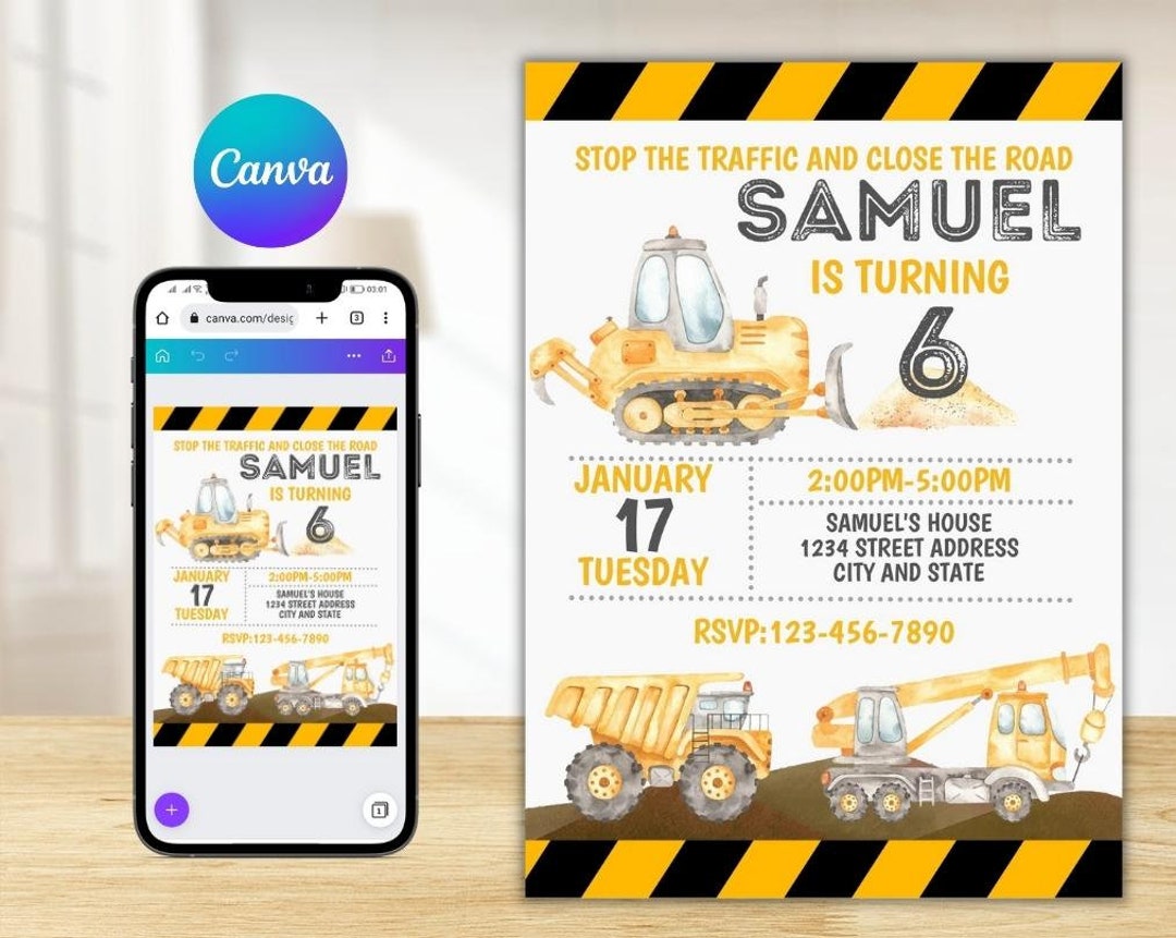 Editable Construction Birthday Party Invitation Template, Construction ...