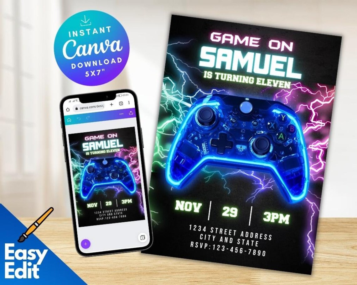 EDITABLE Video Game Party Invitation, Printable Gamer Birthday Invite ...