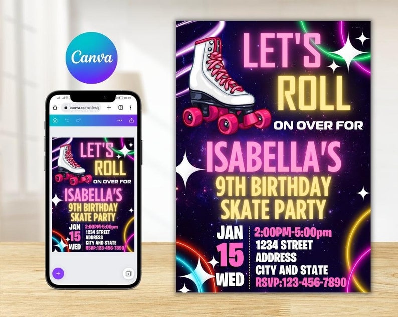 Editable Roller Skating Birthday Party Invitation Roller Skate Birthday ...