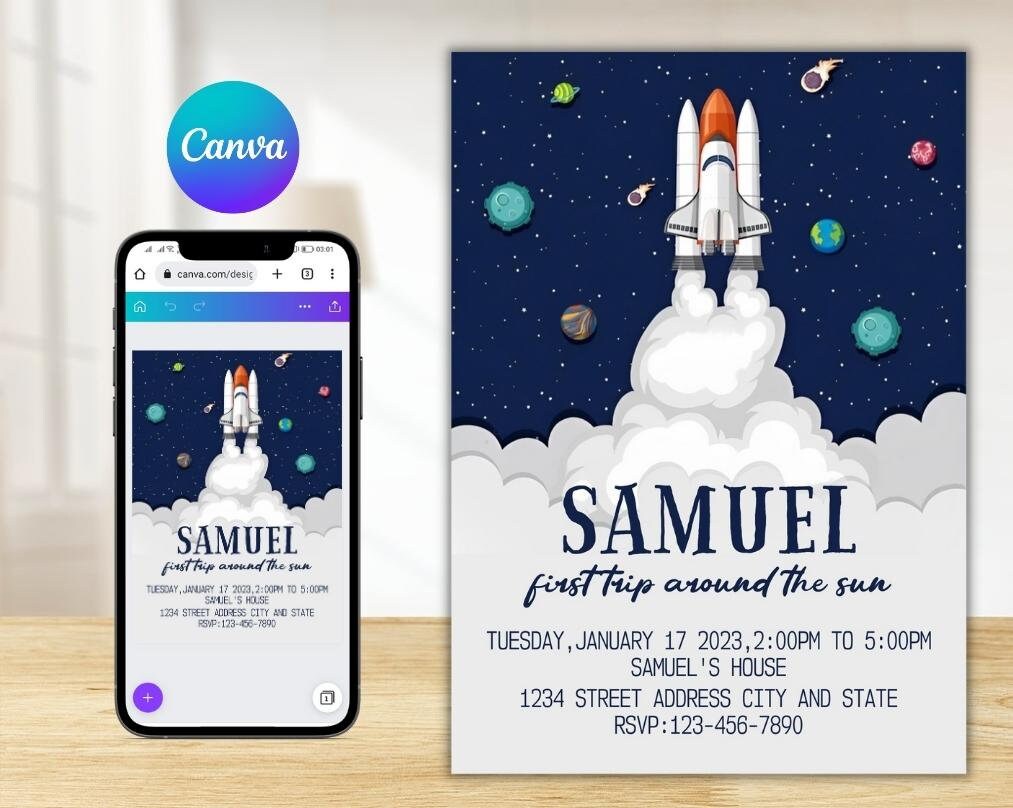 Outer Space Birthday Invitation Template, Planets Rocket Ship Astronaut ...