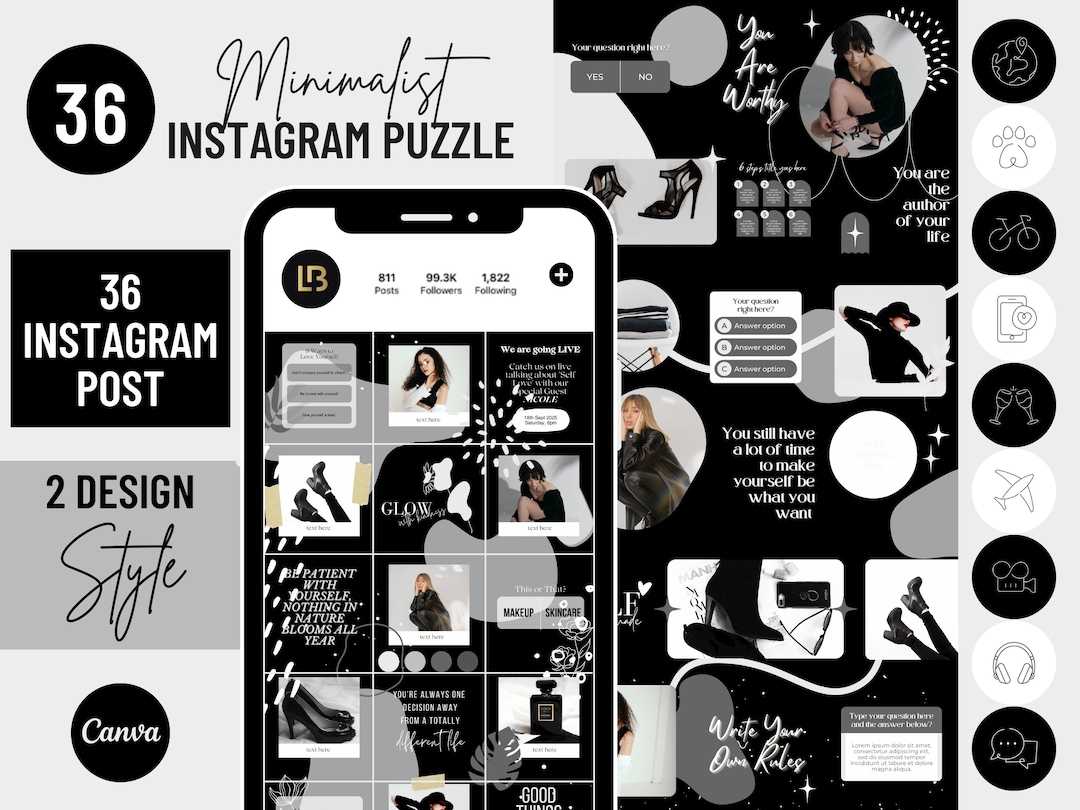 36 Instagram Puzzle Template | IG Puzzle Grid | Minimalist Black ...
