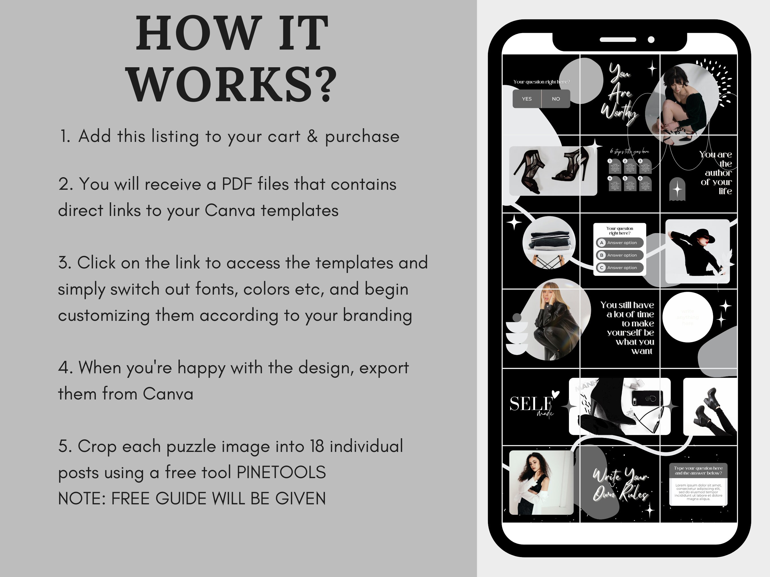 36 Instagram Puzzle Template | IG Puzzle Grid | Minimalist Black ...