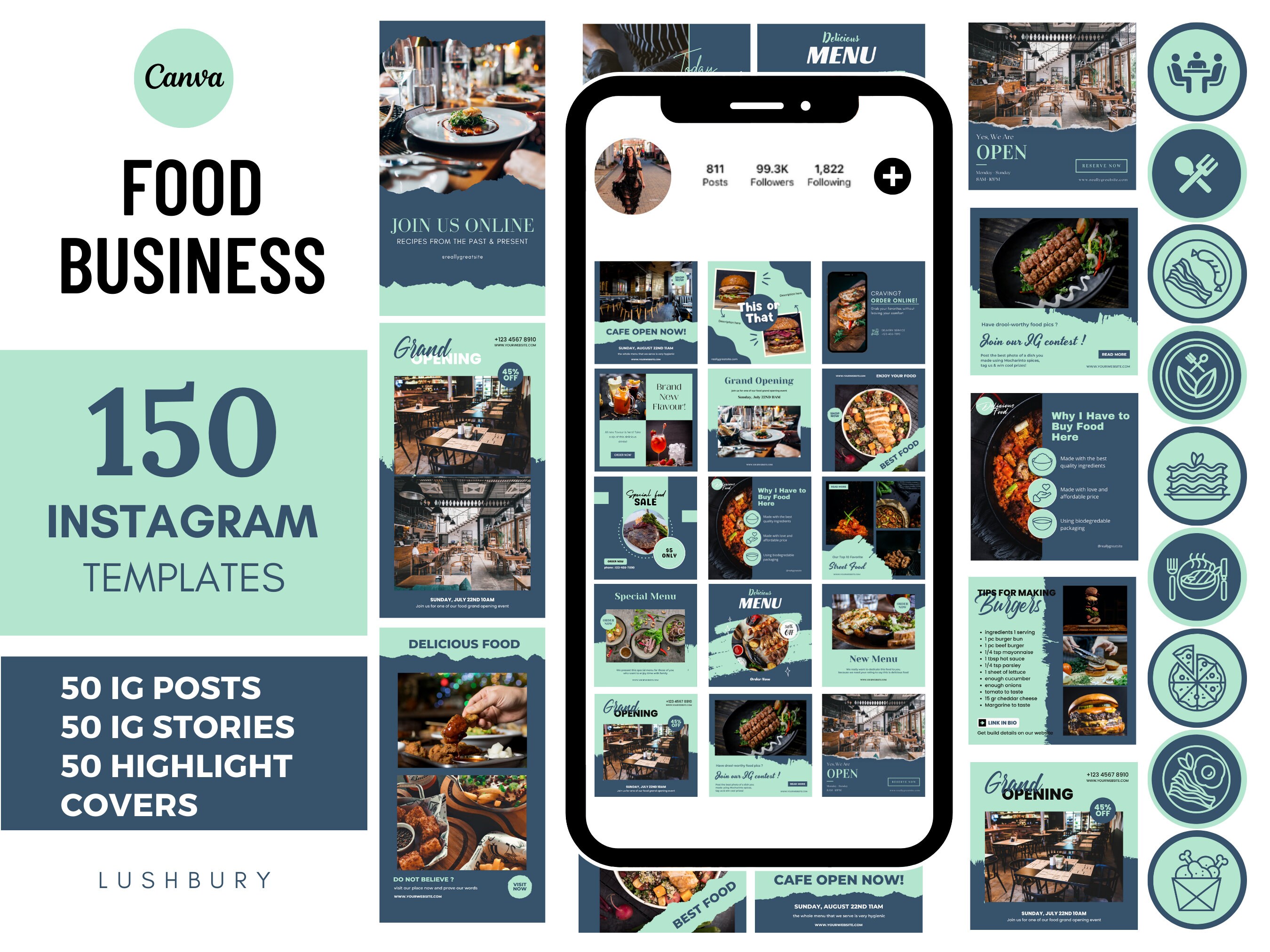 150 Instagram Post Templates for Restaurant, Canva Template, Editable ...