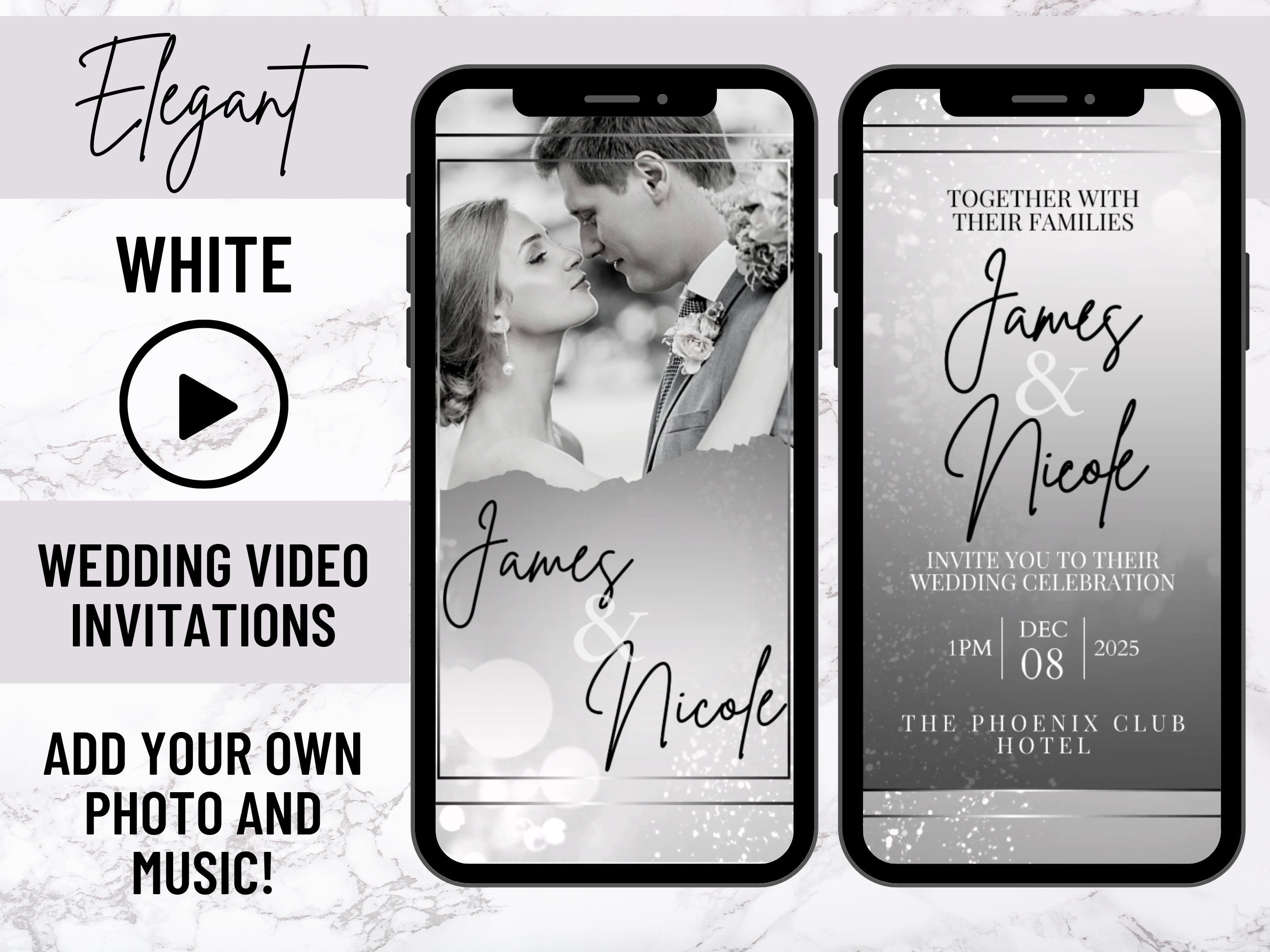 Elegant White Wedding Video Invitation, Animated Card, Digital Wedding ...