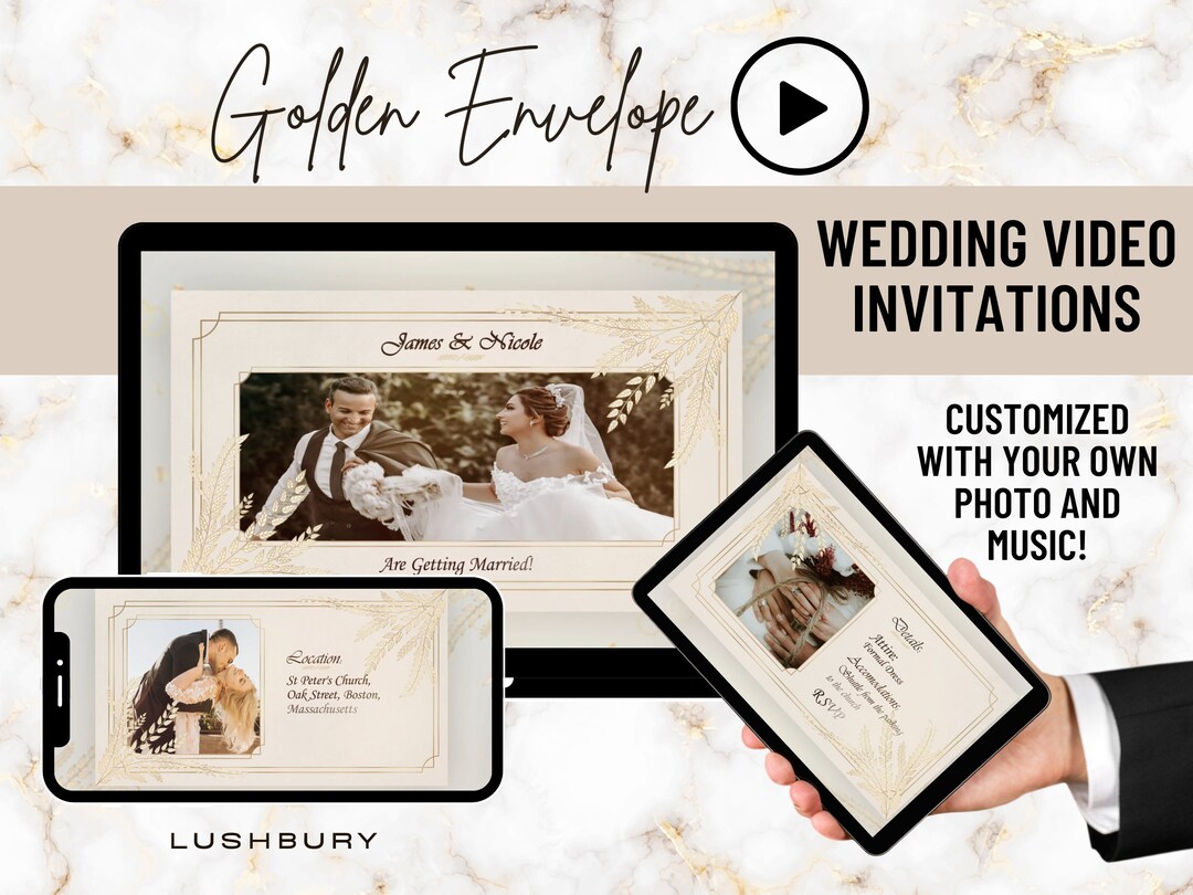 Golden Envelope Wedding Video Invitation, Animated Card, Digital ...