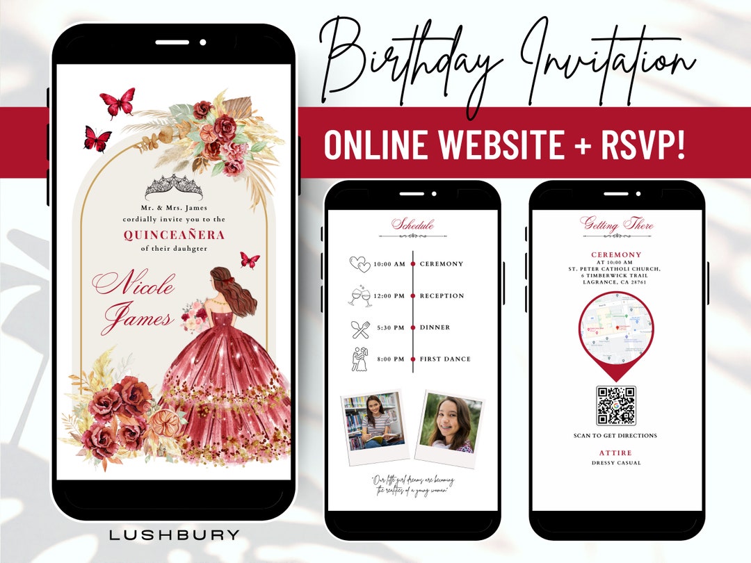 MUSICAL Boho Red Mis Quince Website Invitation, Red Dress Princess ...