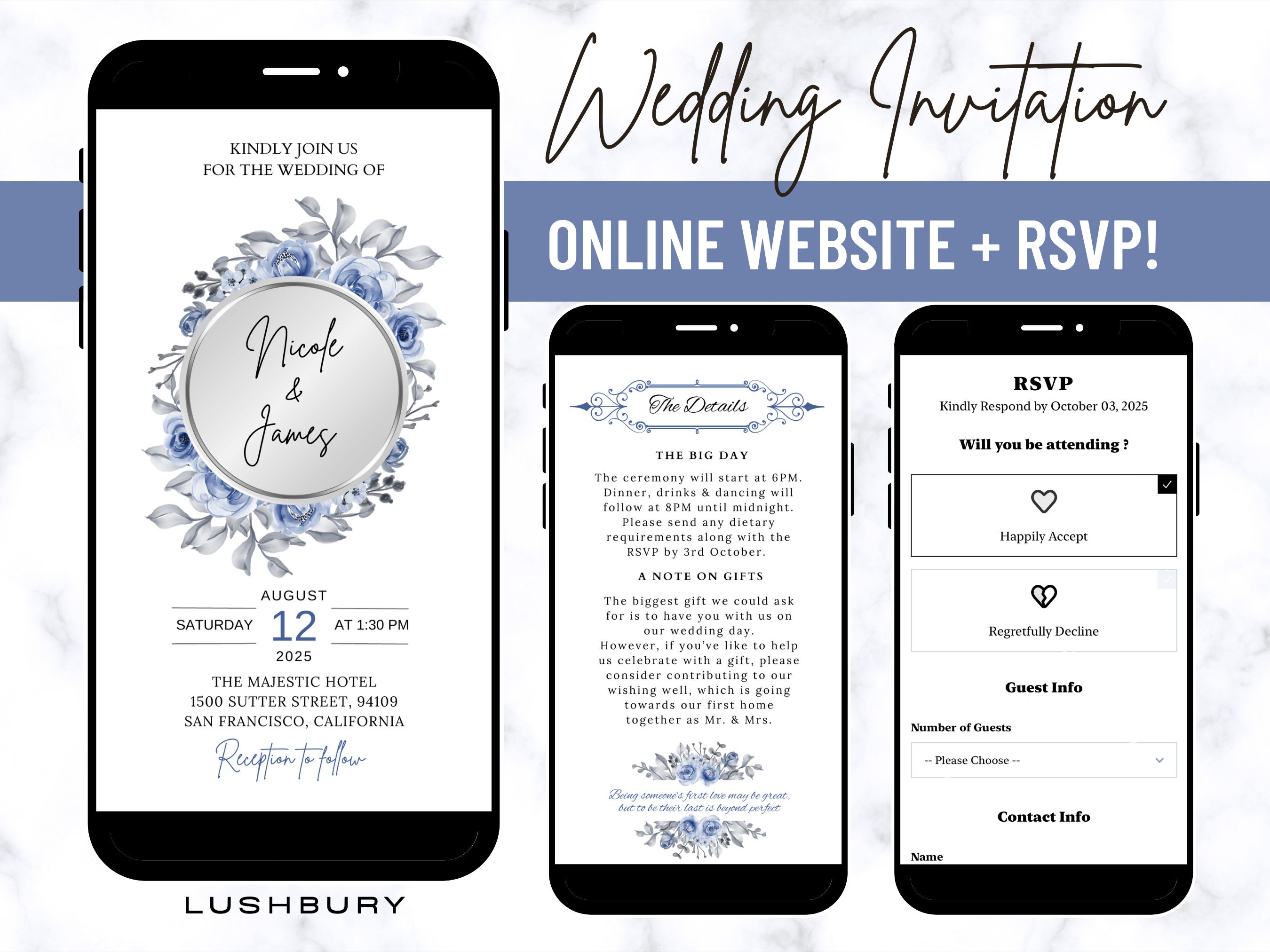 Online Wedding Invitation Website & RSVP, Blue Digital Wedding Website ...