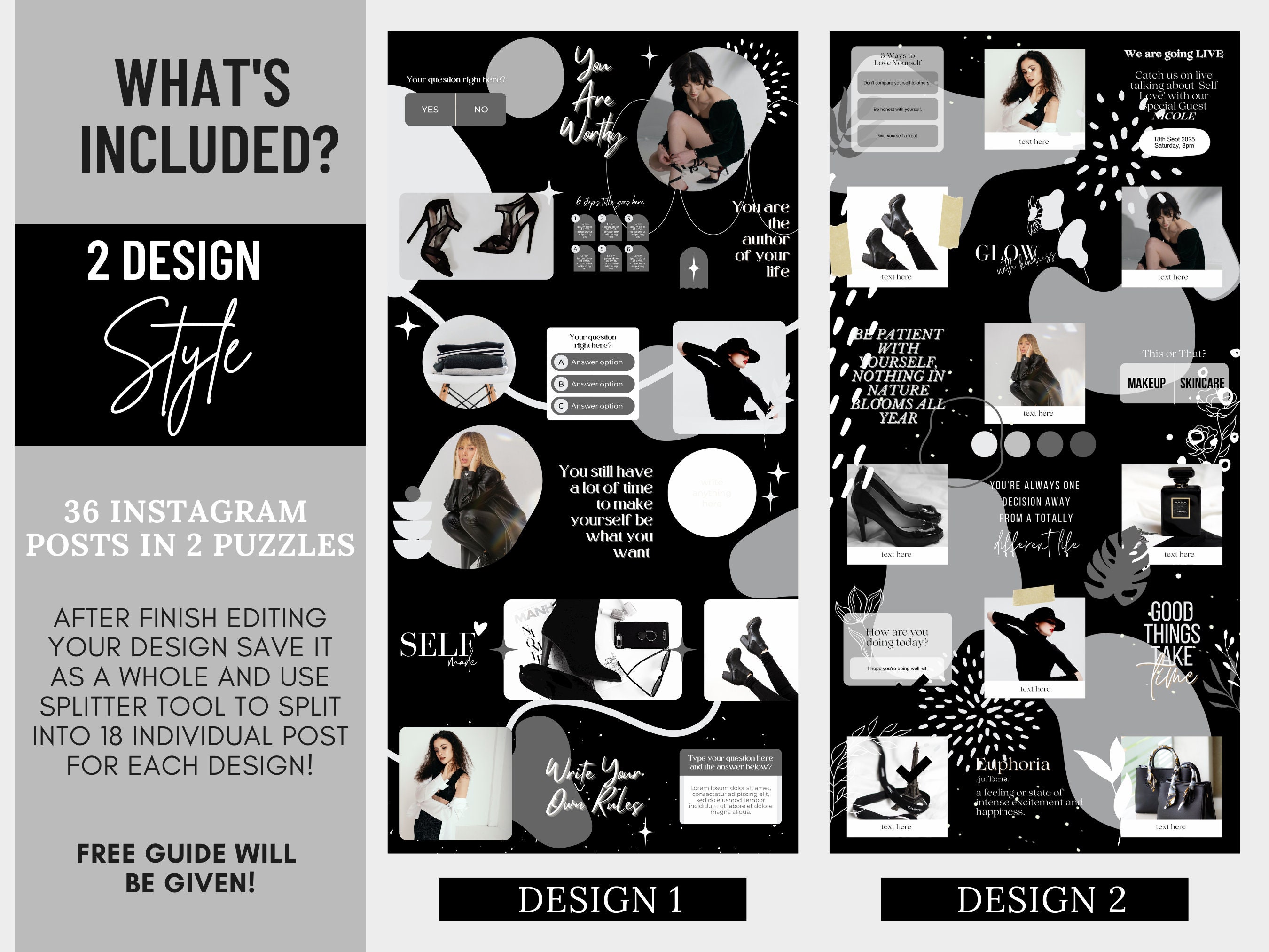 36 Instagram Puzzle Template | IG Puzzle Grid | Minimalist Black ...
